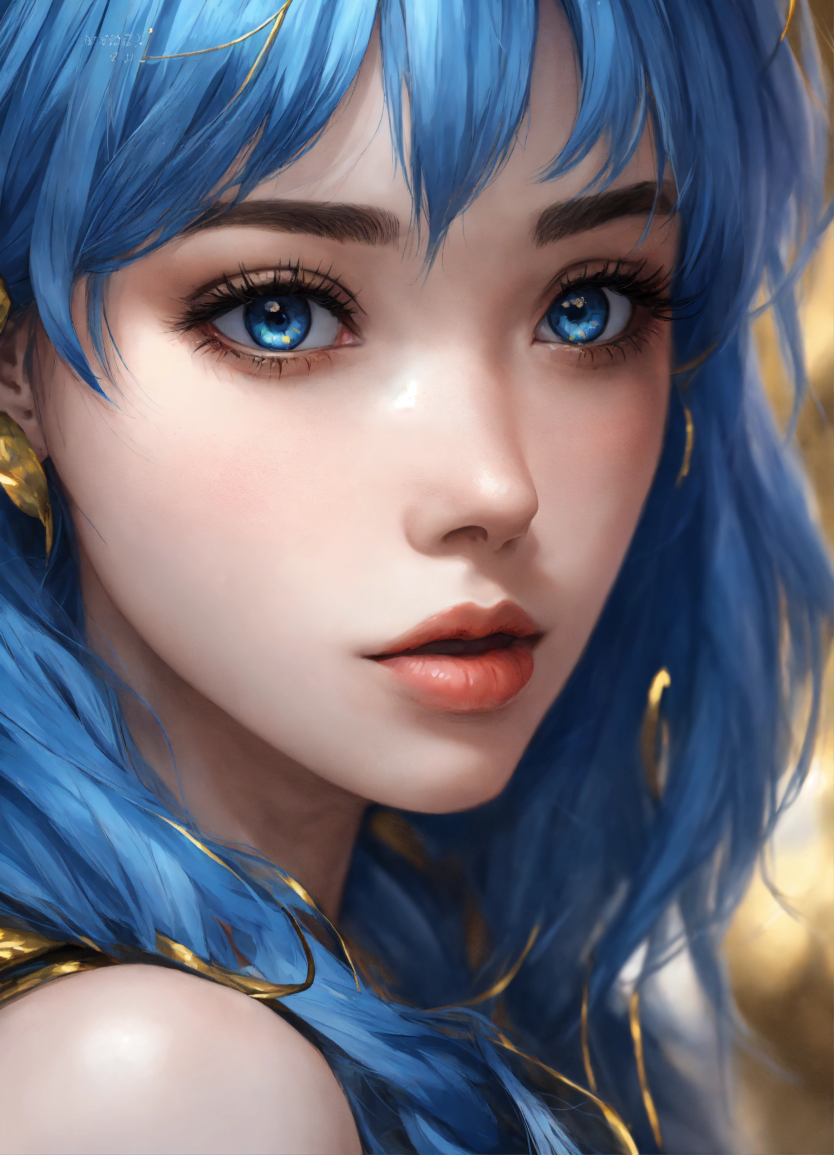 Lexica - Portrait of an anime character hyper realistic blue hair gold eyes