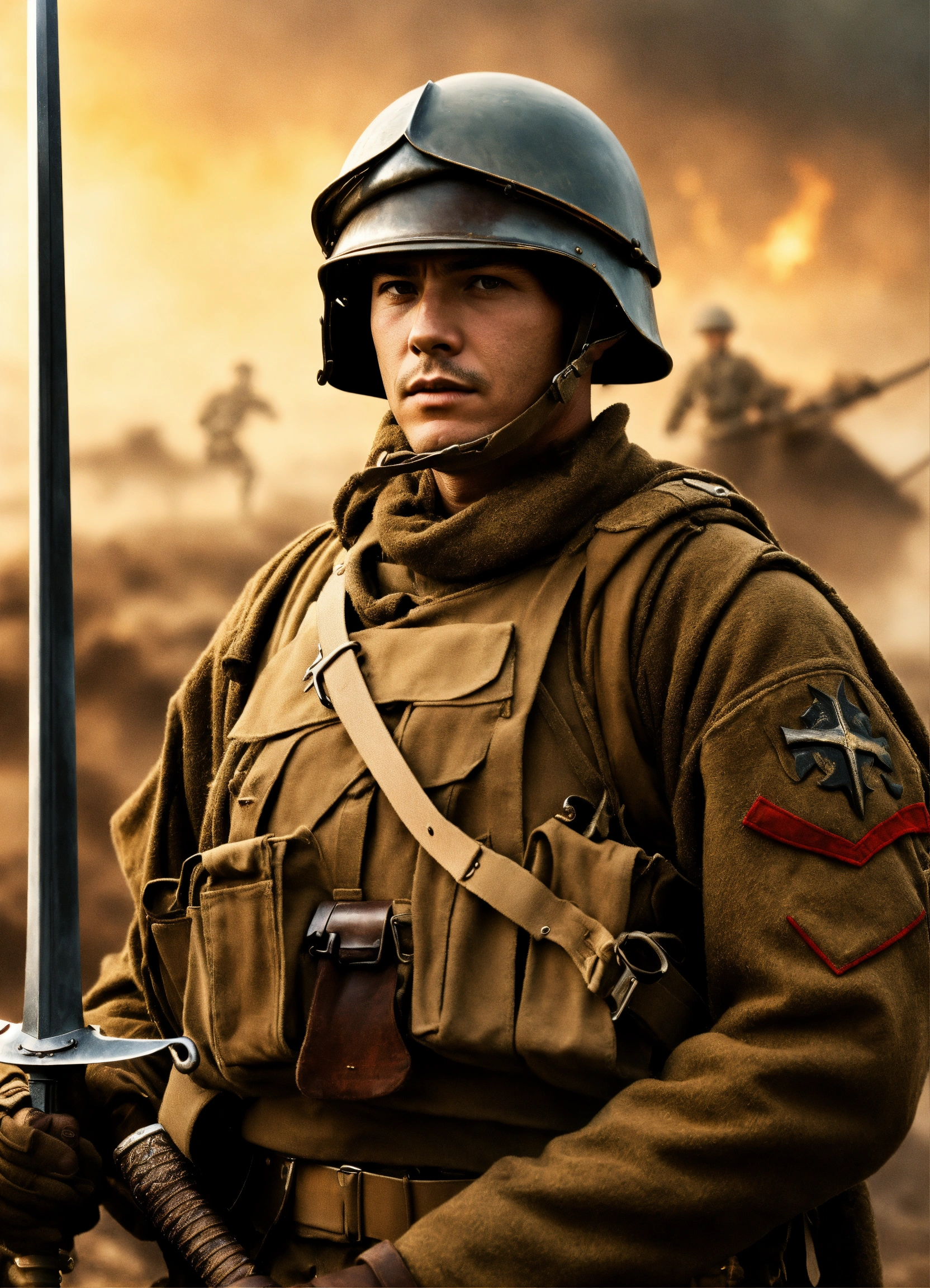 Lexica - Close up on a World war II Soldier with a knight sword. The ...