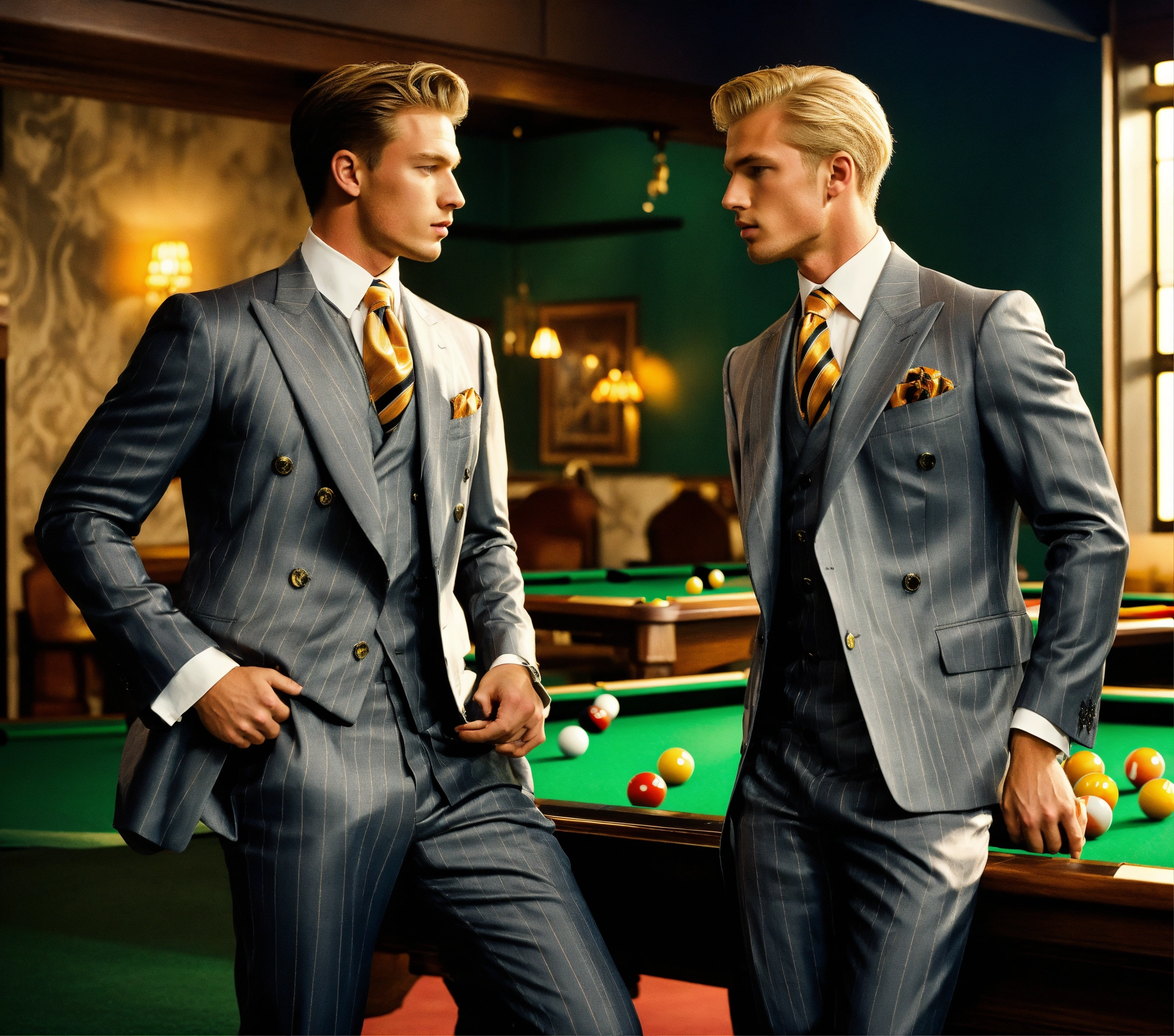 Lexica - Two young blonde male sportsmen in silk satin grey pinstripe ...