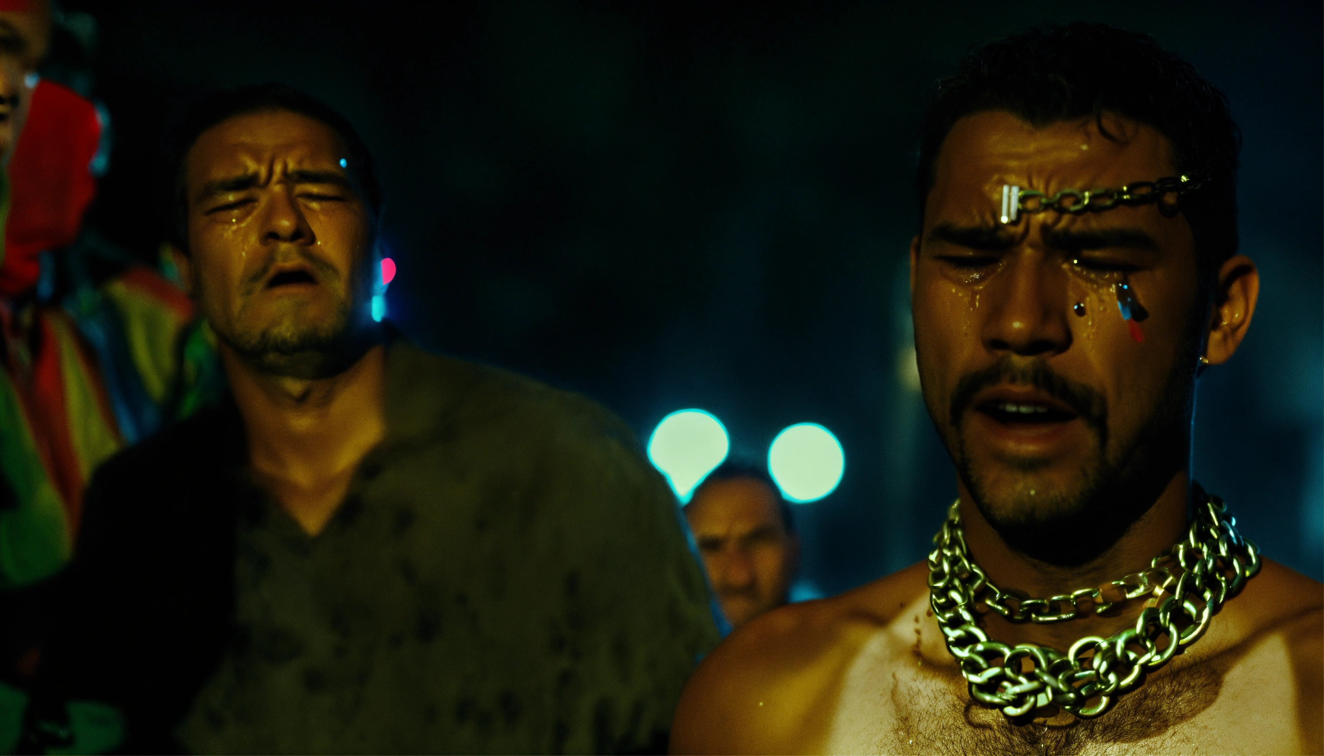 Lexica - A crying man with chains around his body while other people ...