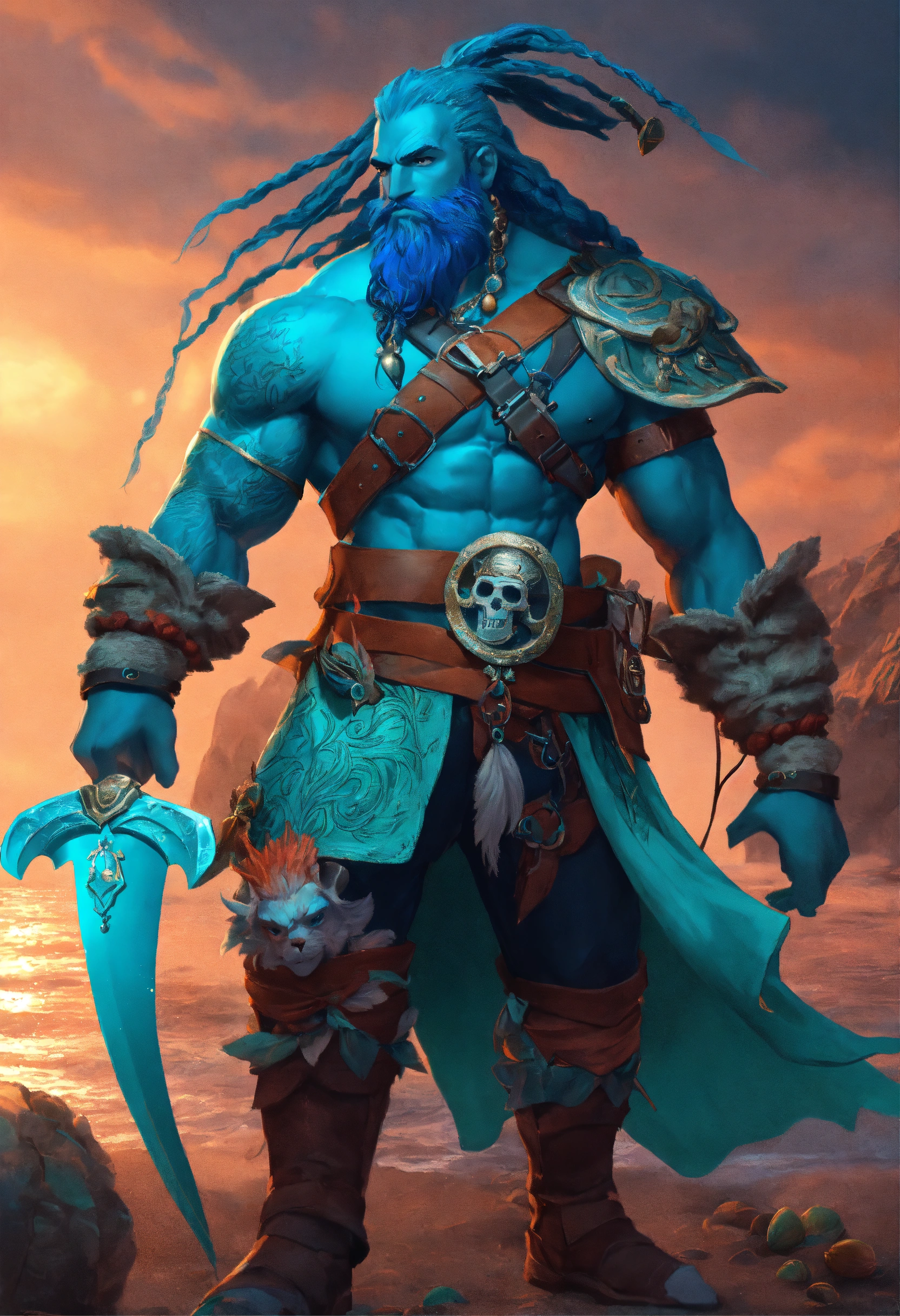Lexica - A buff muscular Blue skinned Triton pirate . He wears coral ...