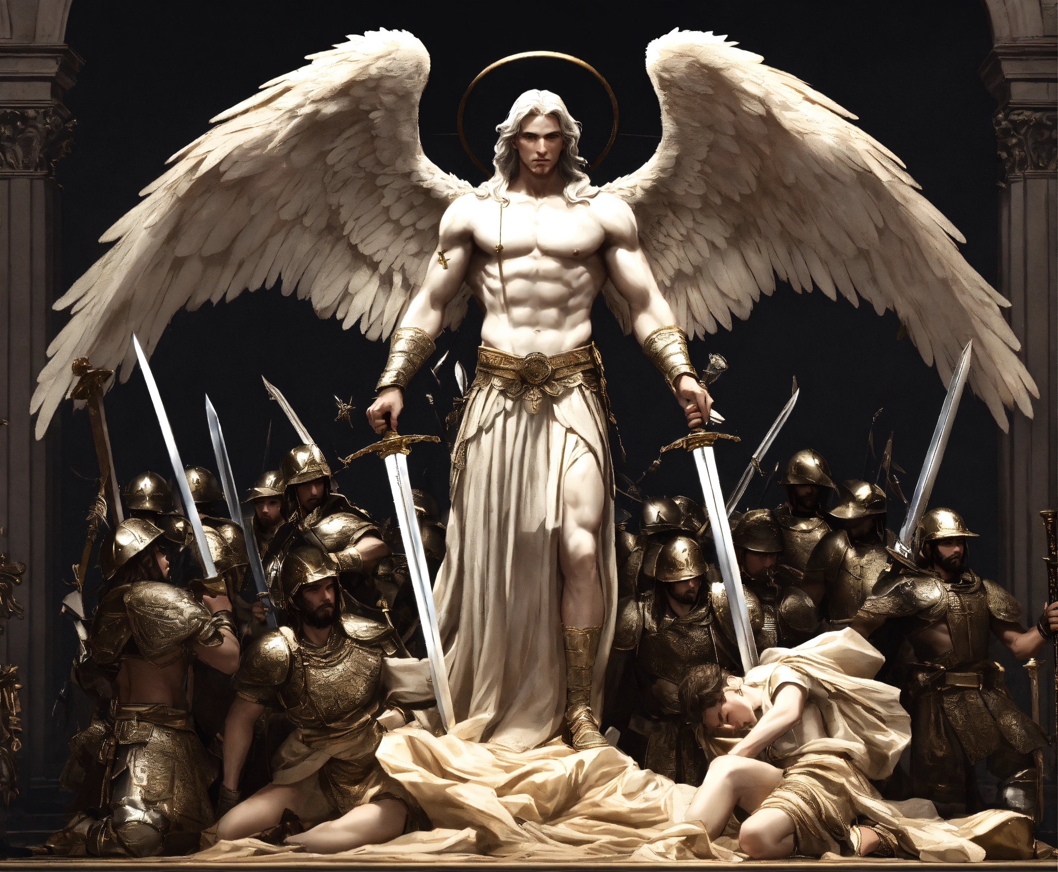 Lexica - A strong white man angel with long and short swords standing ...