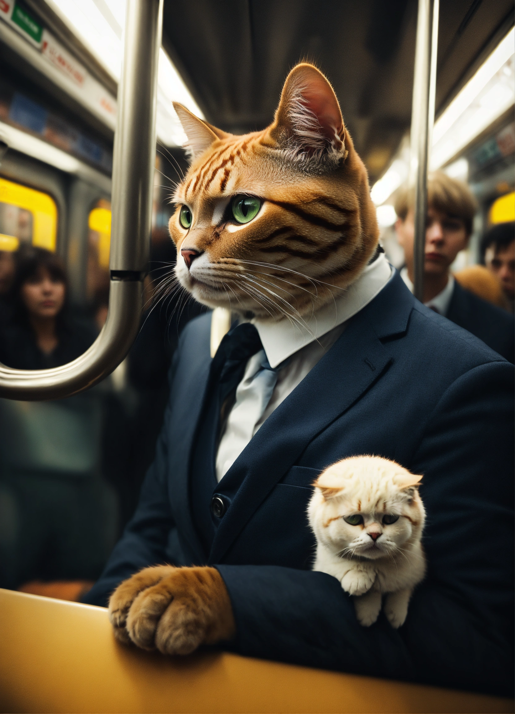 Lexica - A cat in a business suit sitting in a crowded subway train ...