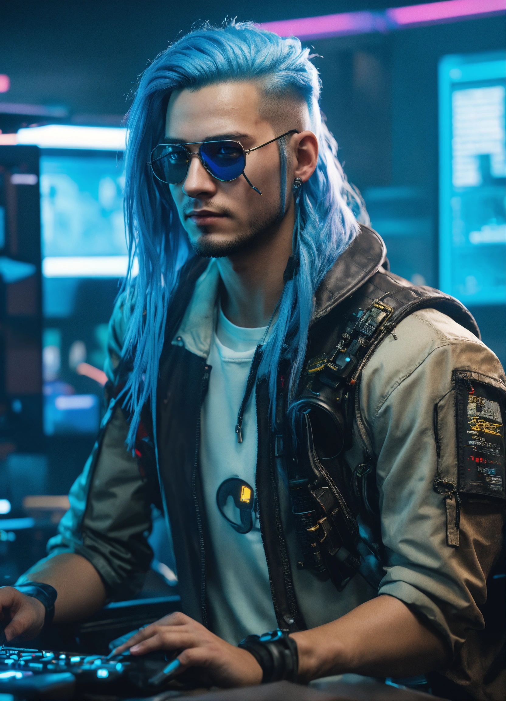Lexica - Male Cyberpunk college student lab tech, with long blue hair ...