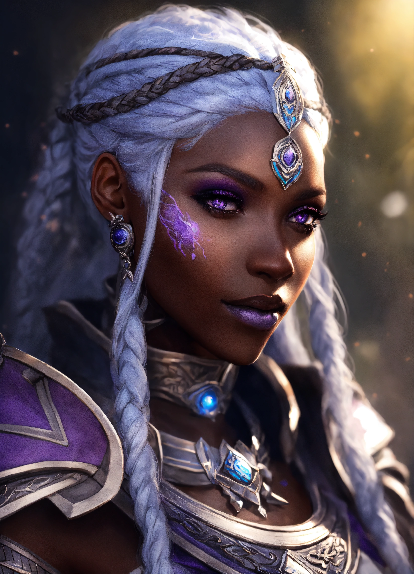 Lexica - A beautiful drow woman in sun themed armor. she has braids and ...