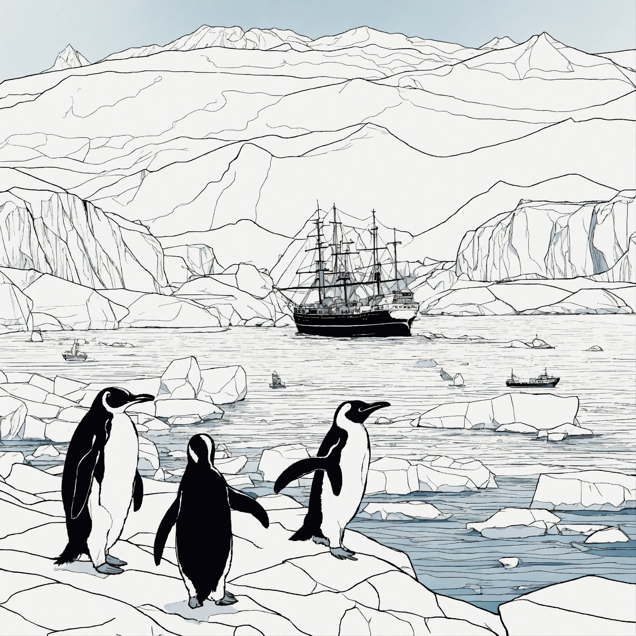 Lexica - Antarctica, 3 penguins near, icebergs in the distance, a ship ...