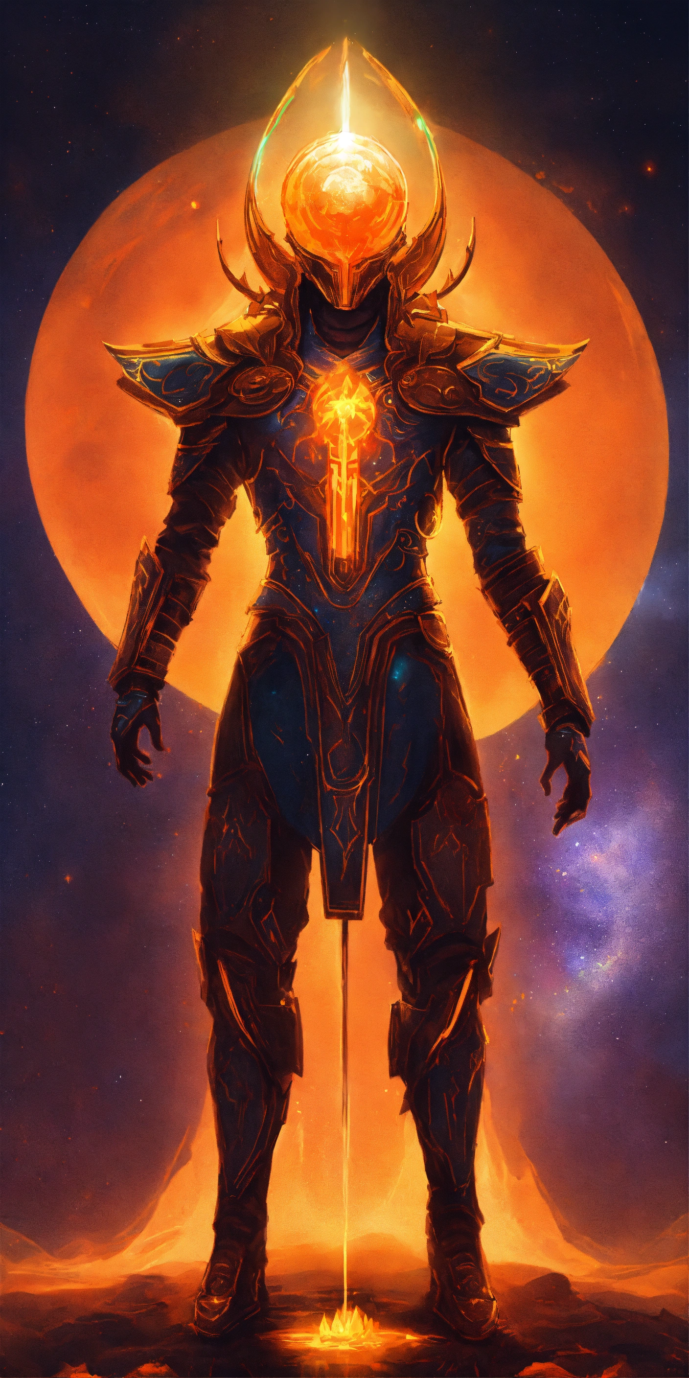 Lexica - Drawing of a galactic alien king with glowing orange energy.