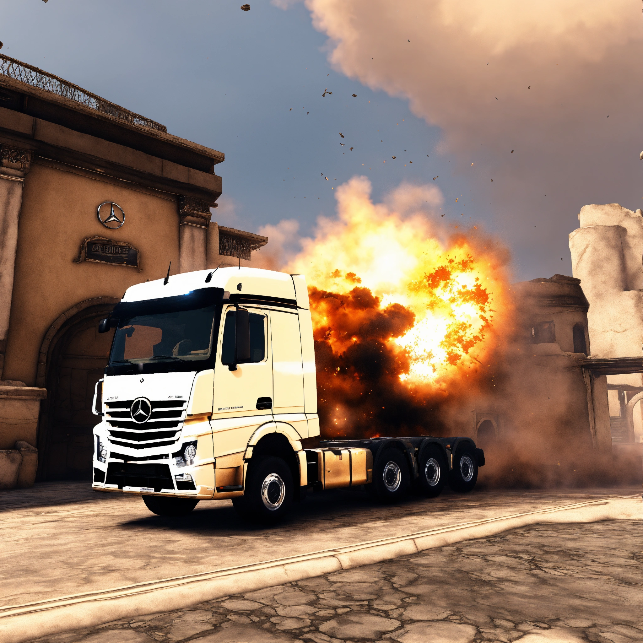 Lexica - A front view of a white Mercedes actros truck in the counter ...