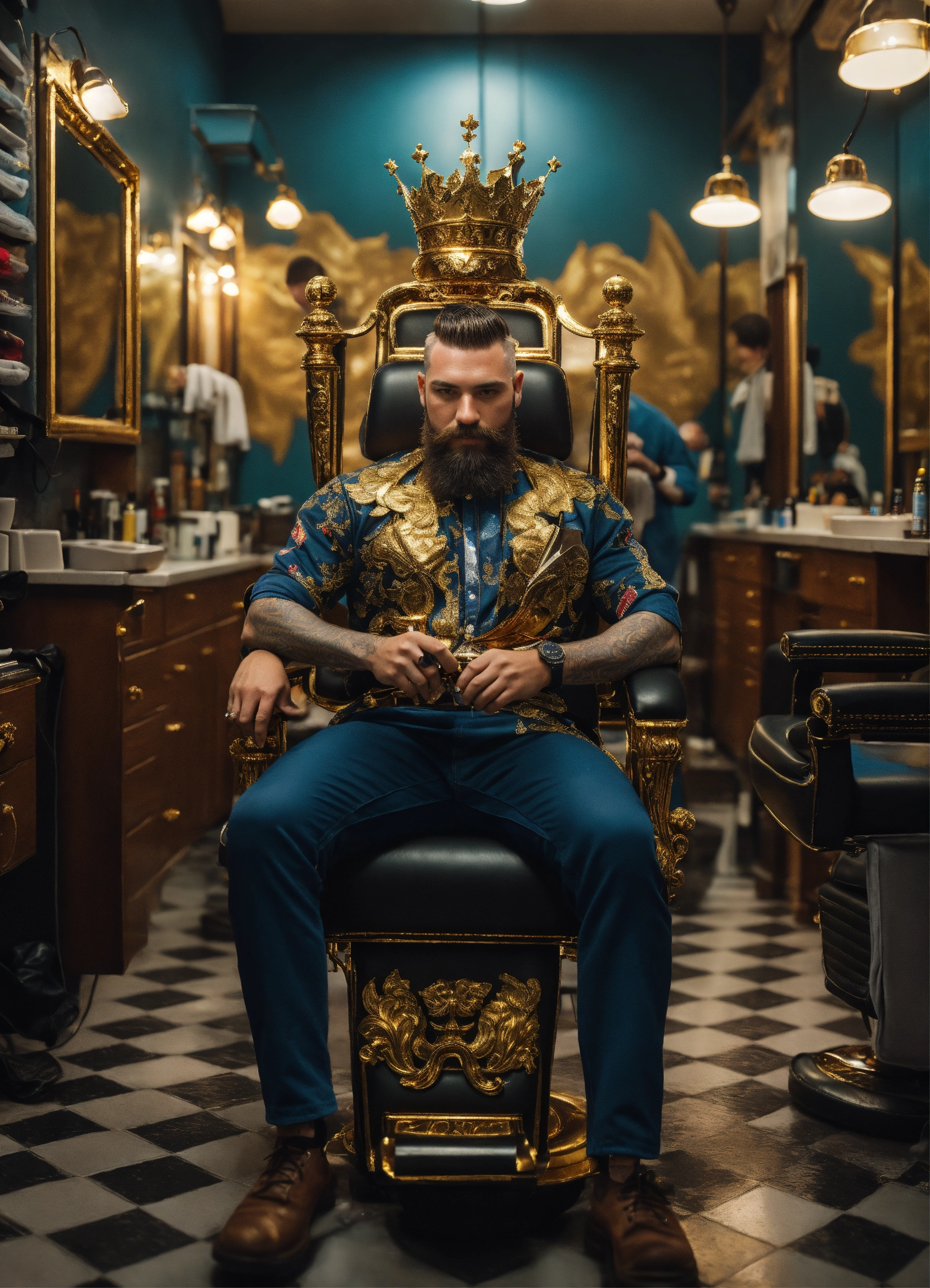 Lexica - A cool barberman with golden scissor and golden crown over his ...