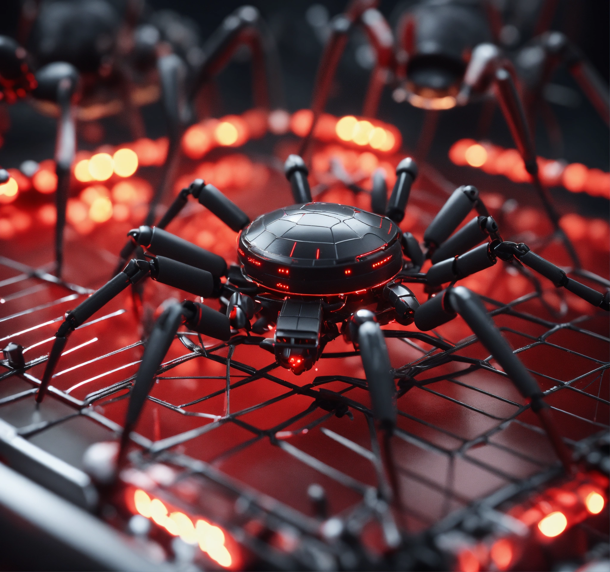 Lexica - Zoom out on a group of 5 small black spider bots with sharp ...