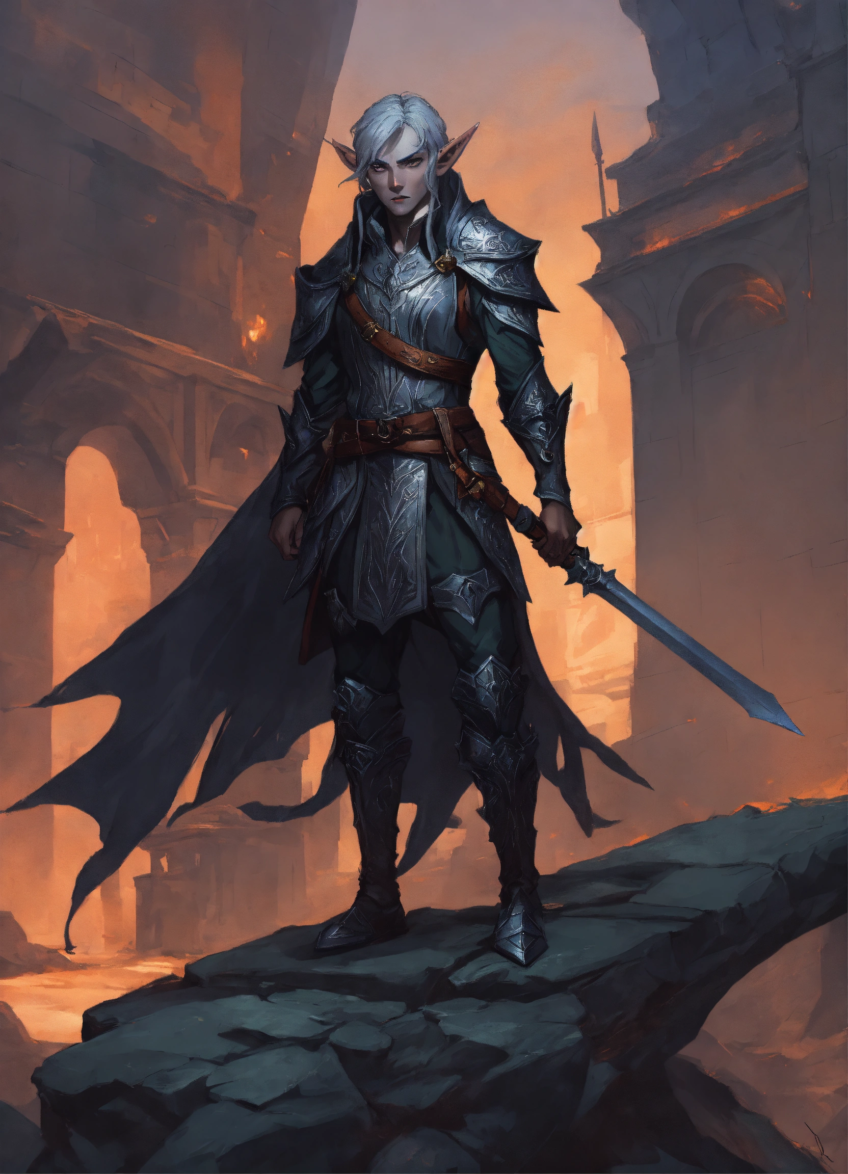 Lexica - Shadow Elf with Gray Skin, small pointy ear, defensive stance ...