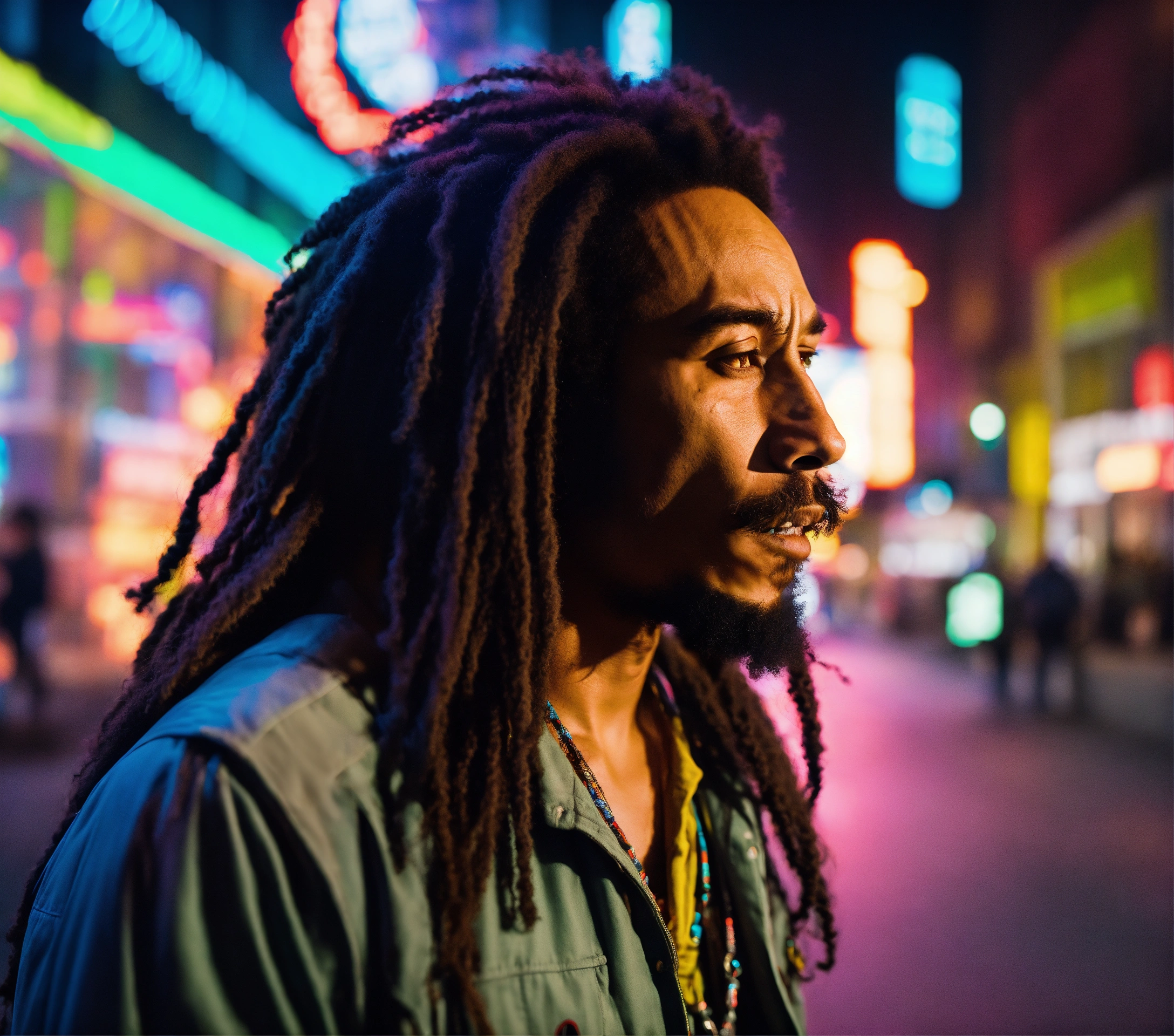 Lexica - Slow shutter speed photo of a cyberpunk bob marley with neon ...