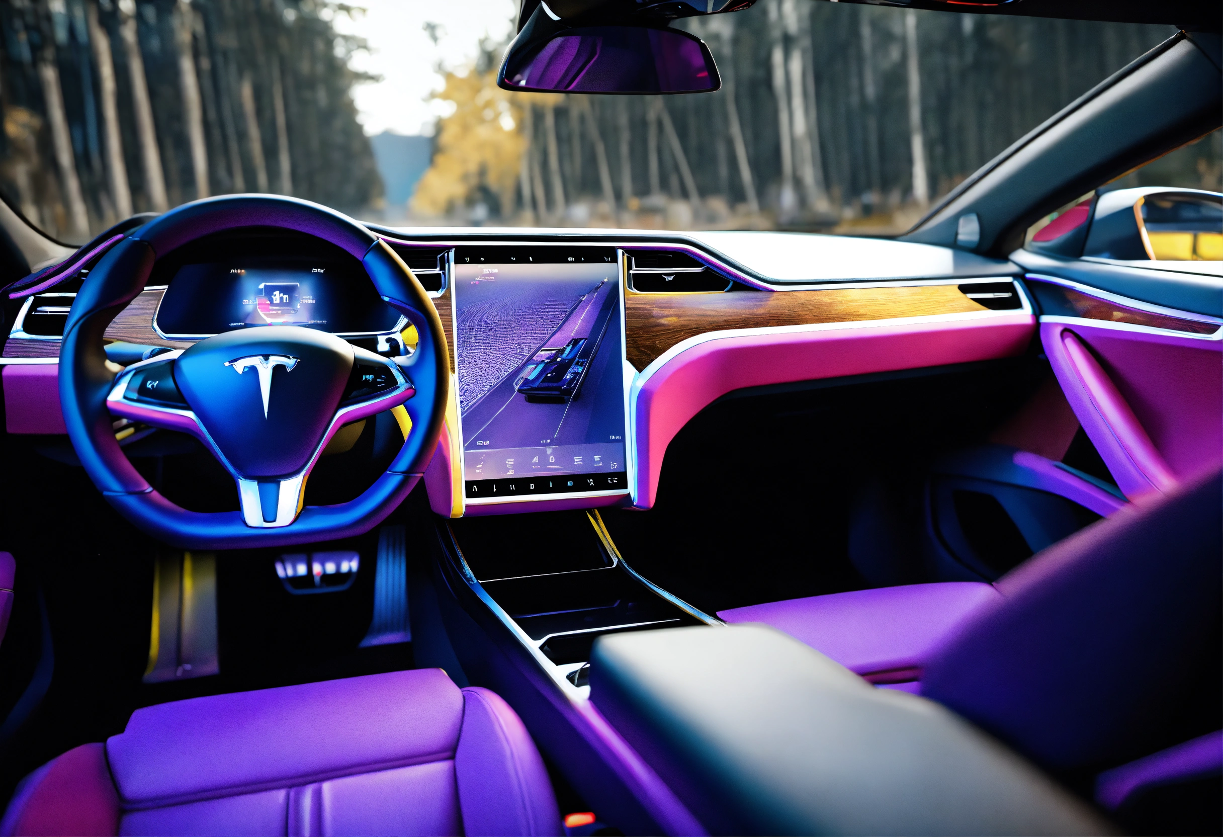 Lexica - Tesla, interior, dashboard, 4k, 3d render, purple yellow ...