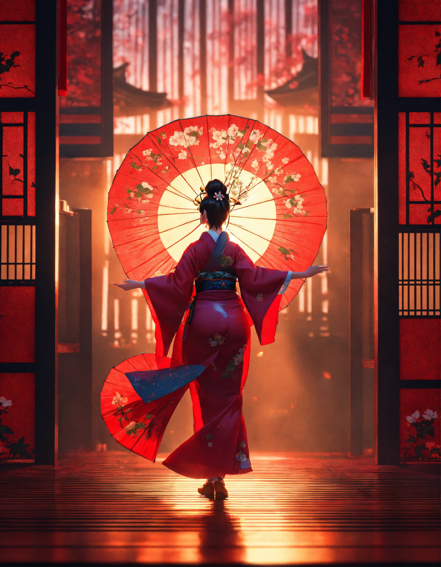 Lexica - Peculiar environment with god rays, geisha dancer, 8K ...