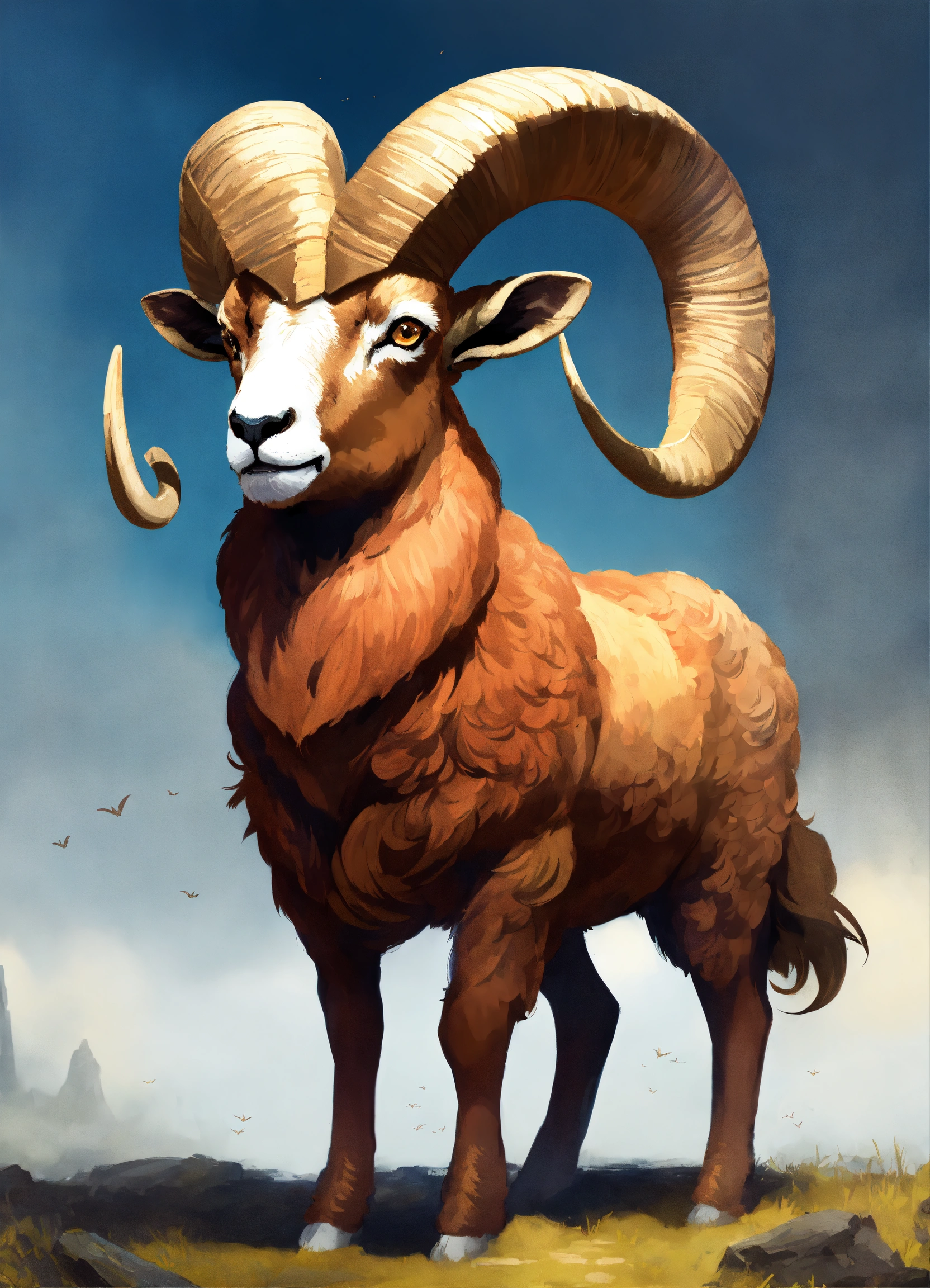 Lexica - Concept art of a ram with long curly horns and strong front legs