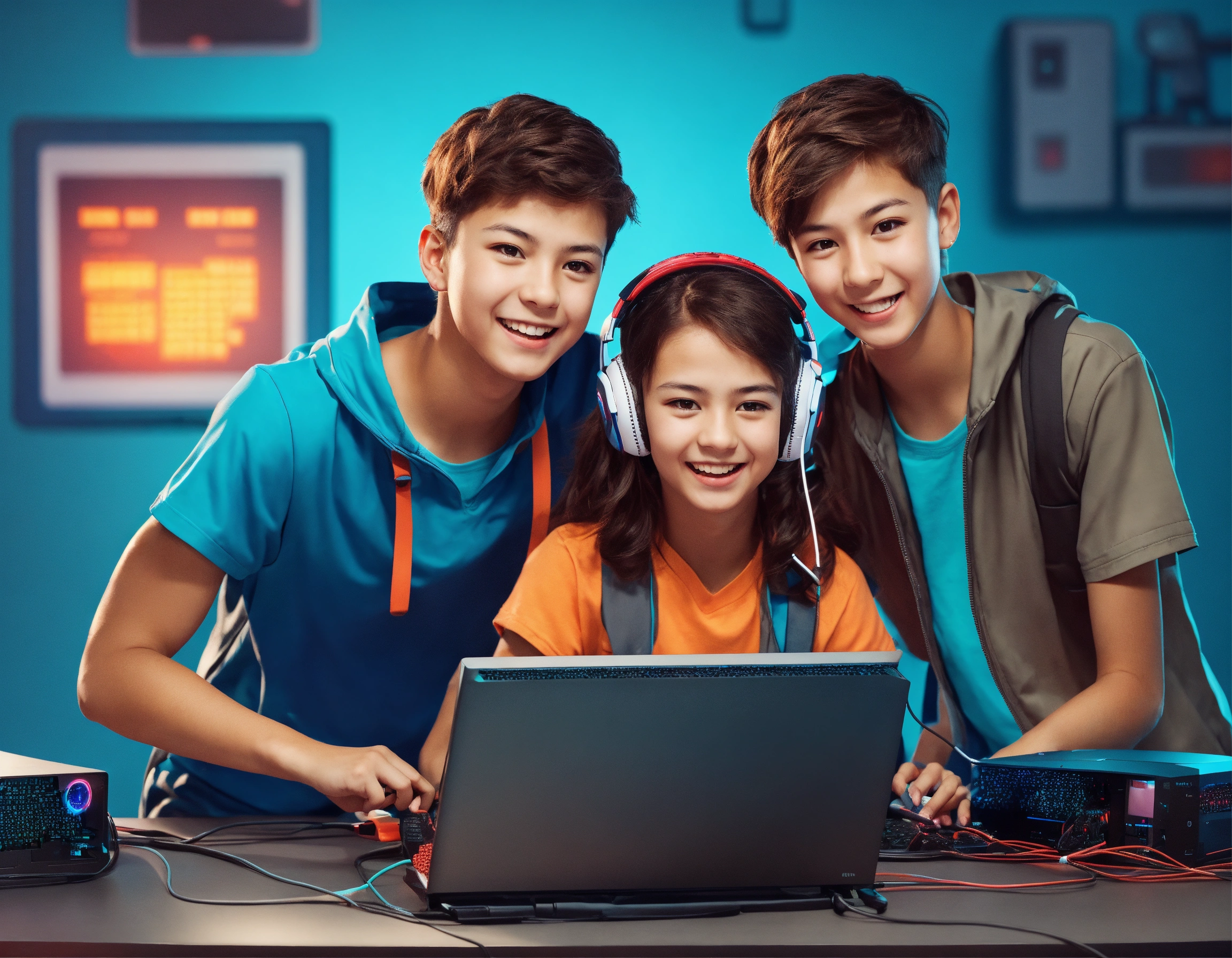 Lexica - Cyan background, gaming, 2 boys and girl with A gaming ...
