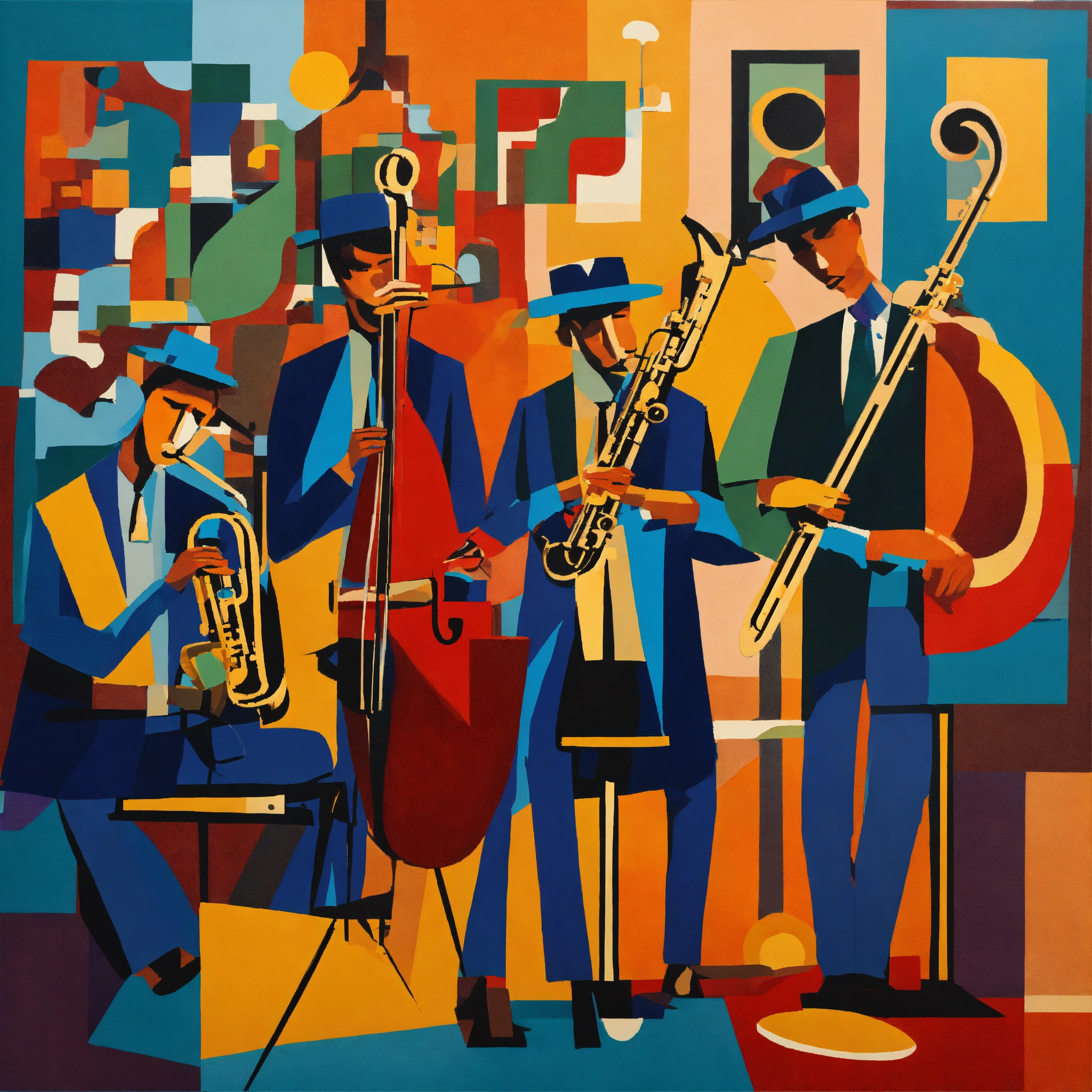 Lexica - 4 jazz musicians, playing with instruments, abstract art in ...
