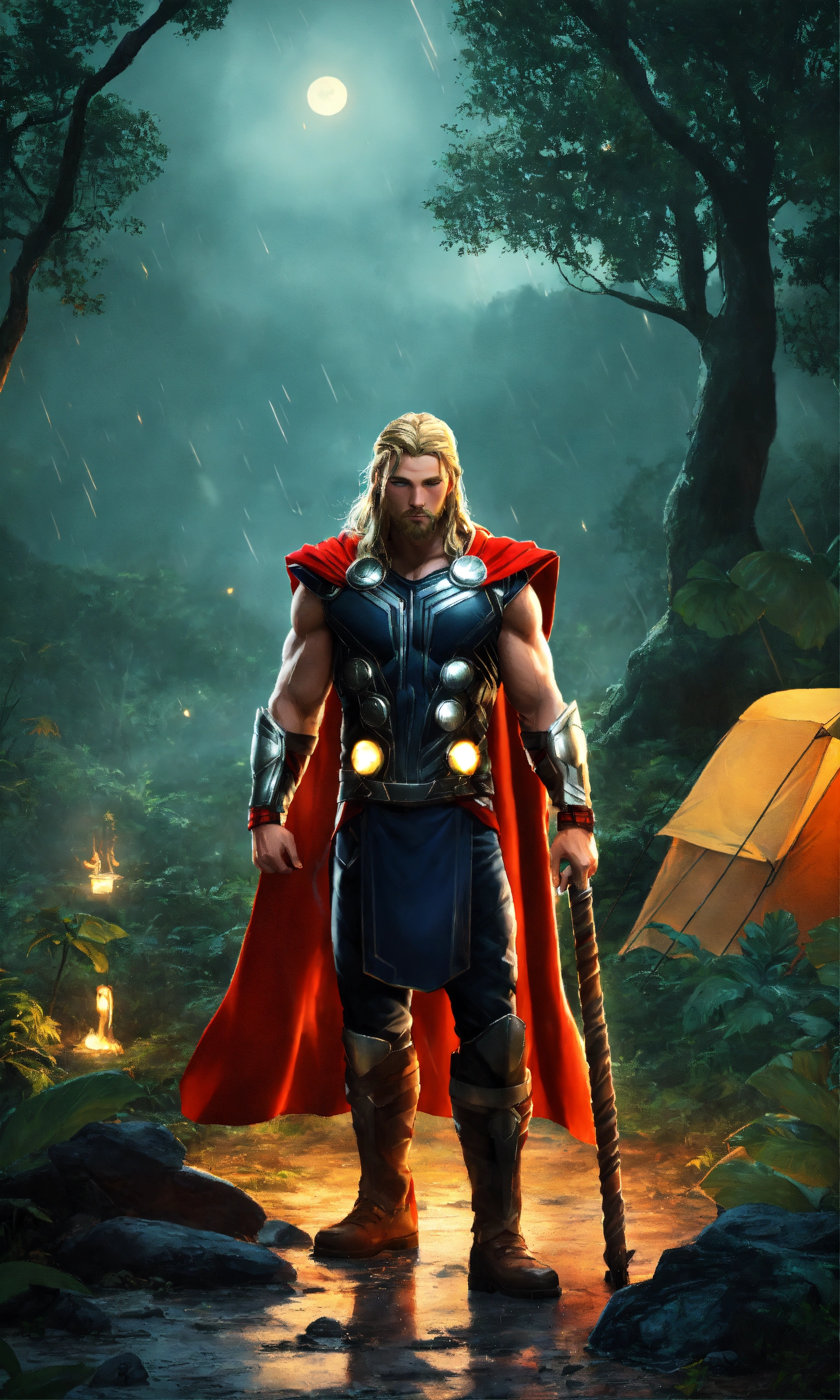 Lexica - Thor camping on a rainy day in the jungle at night, nature ...