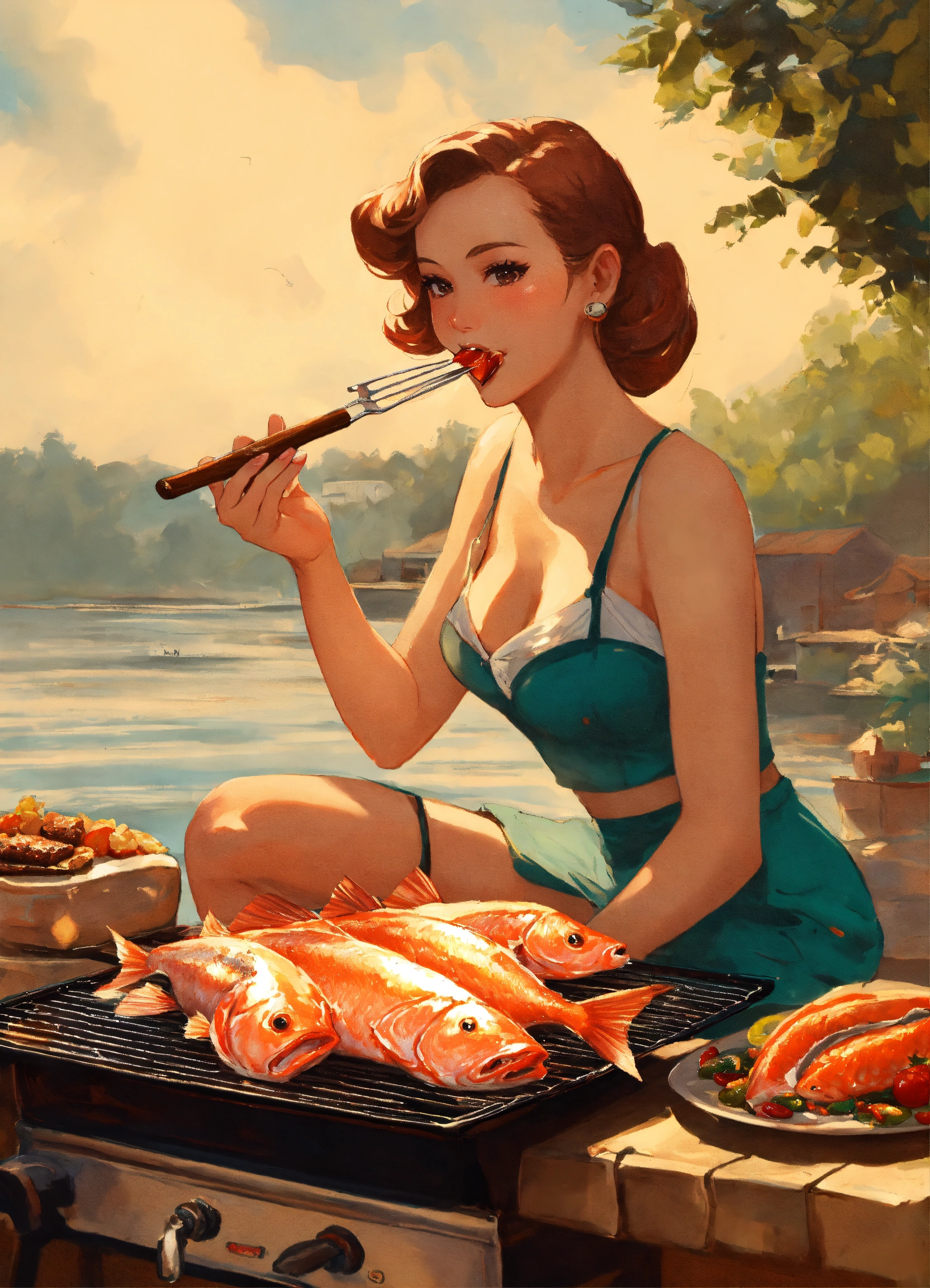 Lexica - Draw a girl who is eating fish she just caught, cooked on a barbecue, style pin up