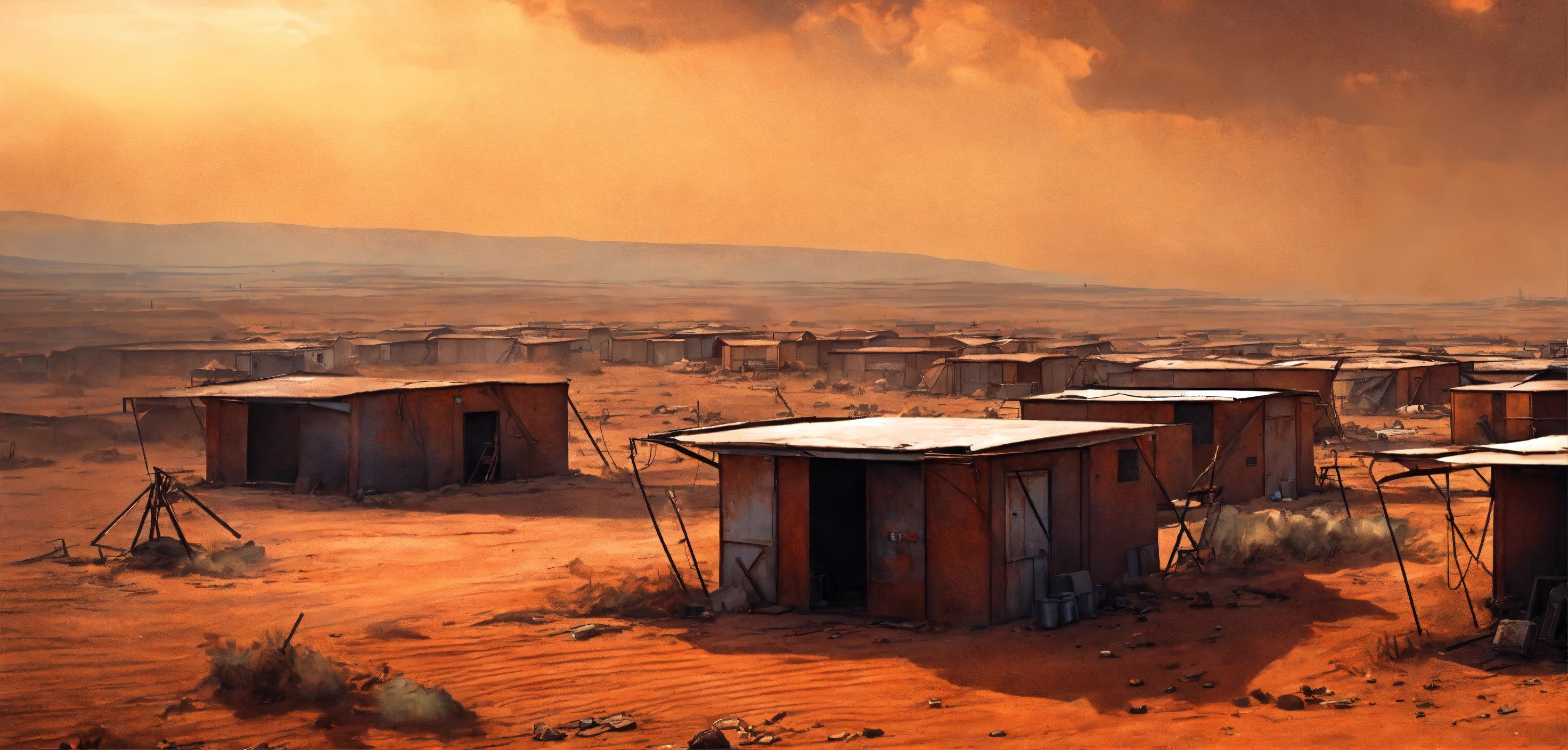 Lexica - Conept art, post apocalyptic, wasteland, sheet metal huts camp ...
