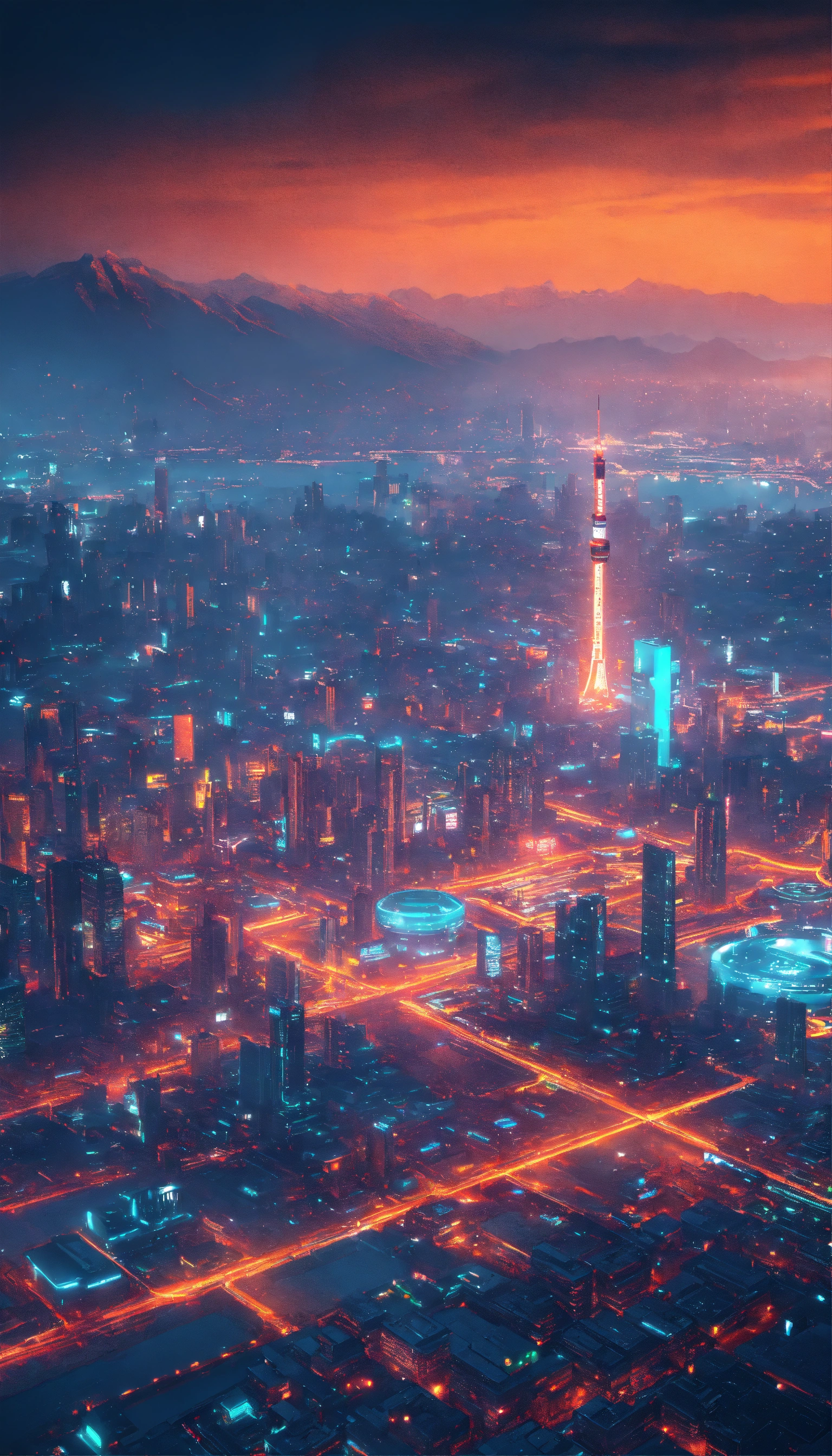 Lexica - Aerial drone view toward futuristic city with neon light at ...