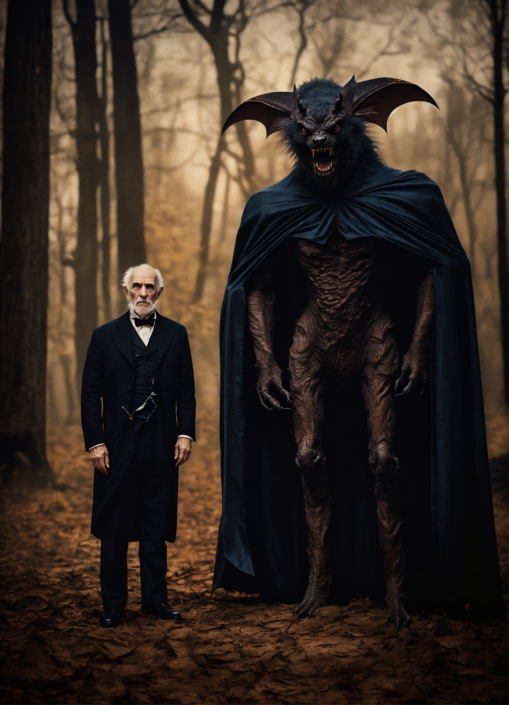 Lexica - Old vampire man standing next to a giant bat monster, in the ...
