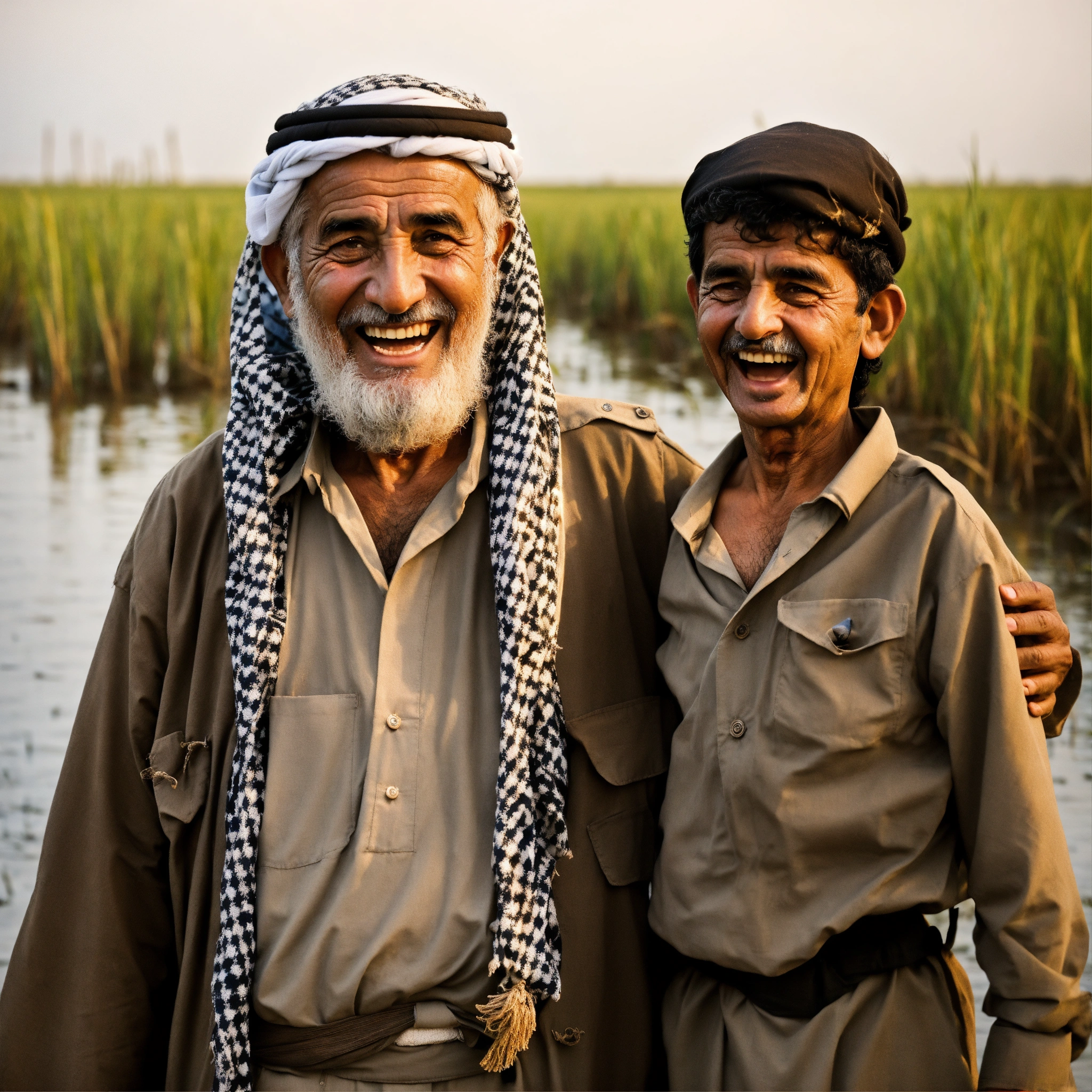 Lexica - An old Iraqi man and his young son laughing, standing together ...