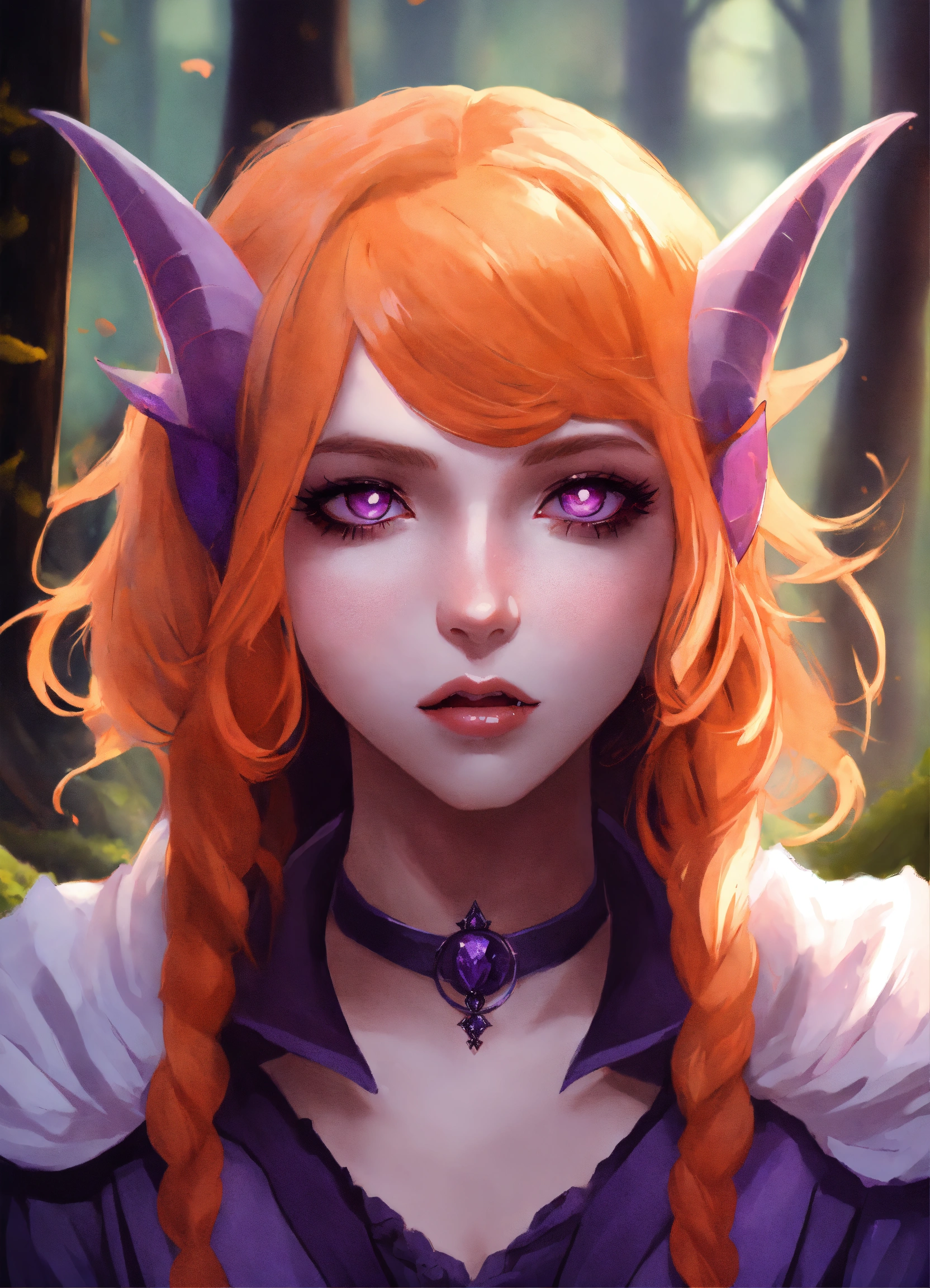 Lexica - 2d vampire girl, pastel orange hair, violet eyes, horn halo ...