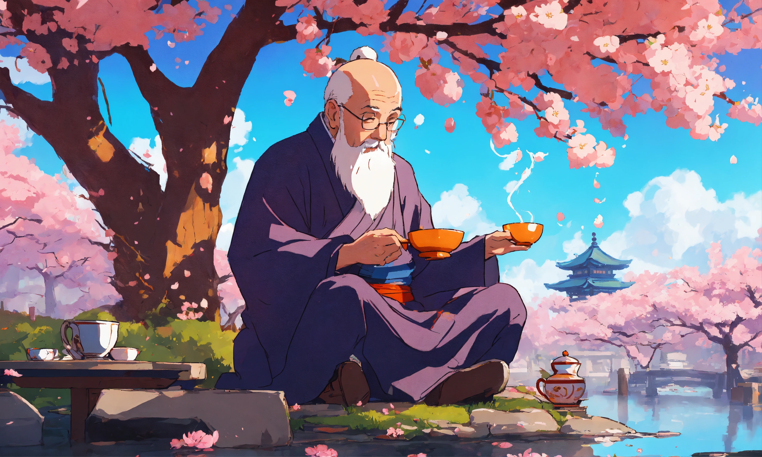 Lexica - Digital art of a old zen master pouring tea in a cup, under a ...