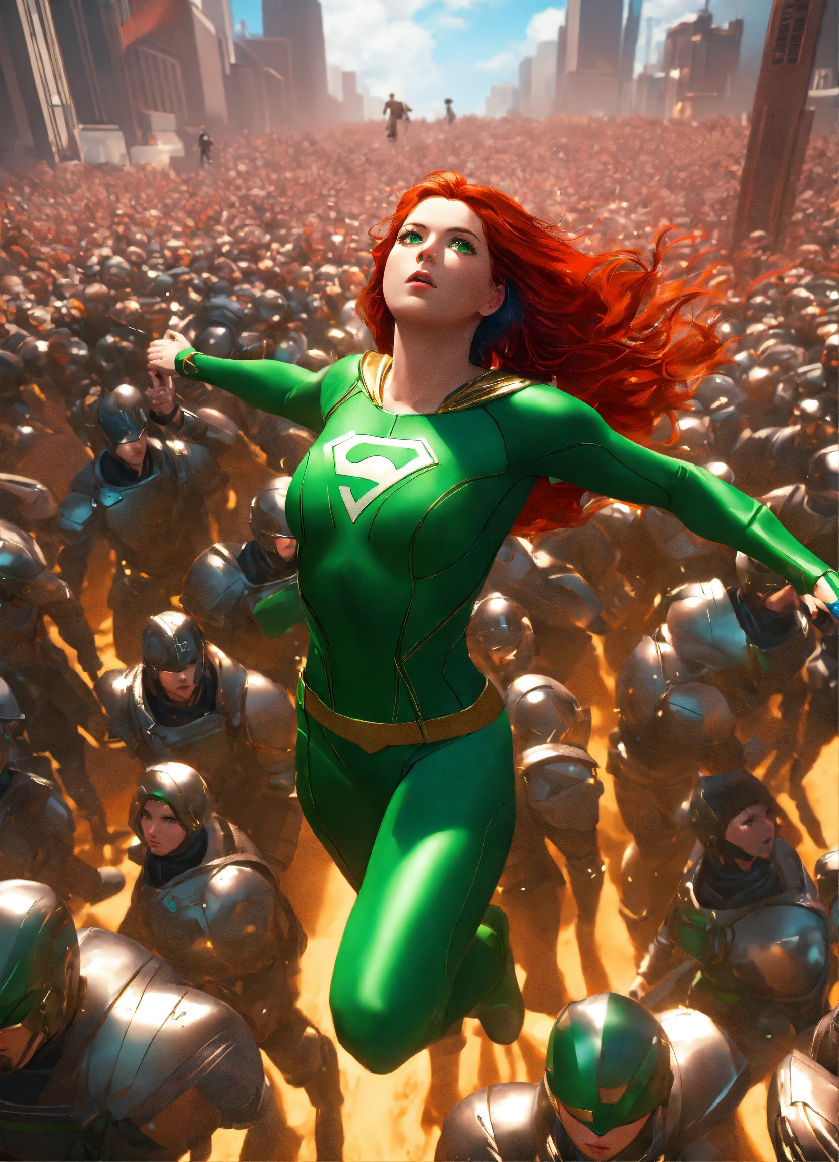 Lexica - Red-haired, green-eyed female superhero, floating down out of ...