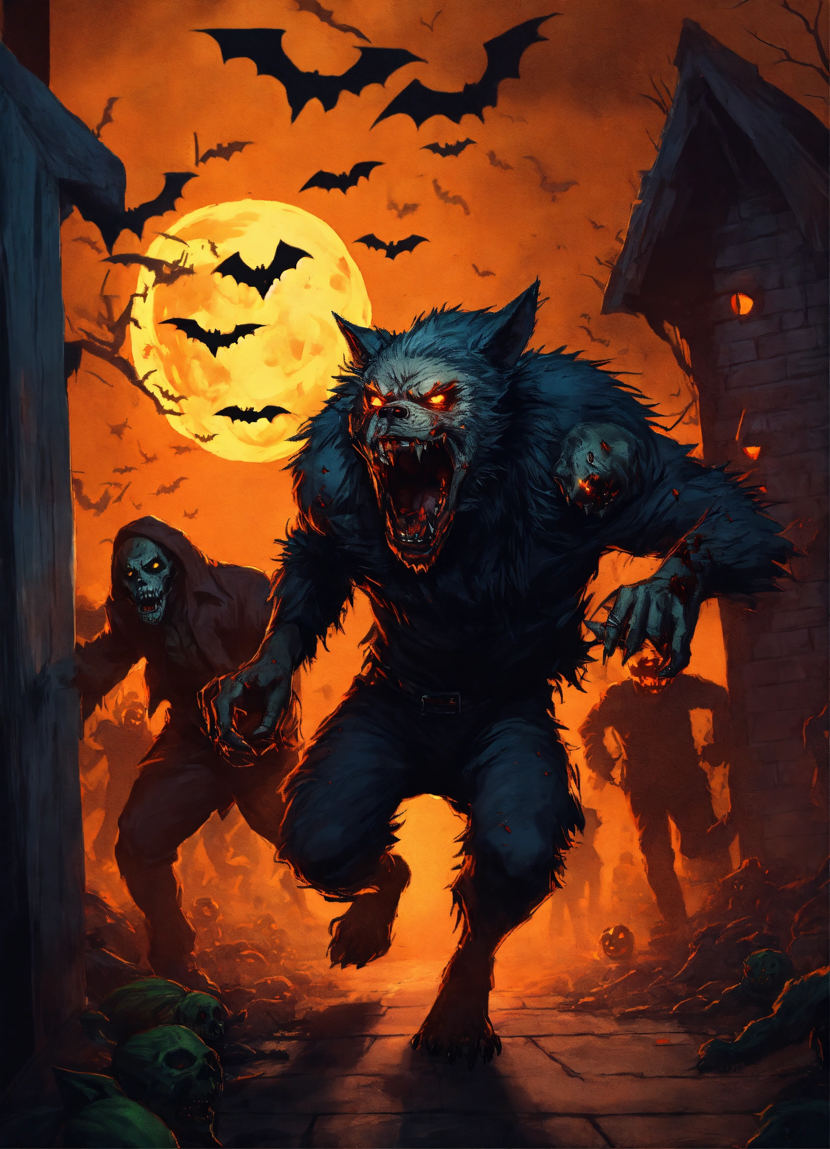 Lexica - A werewolf and zombies chasing after a jack-o'-lantern running ...