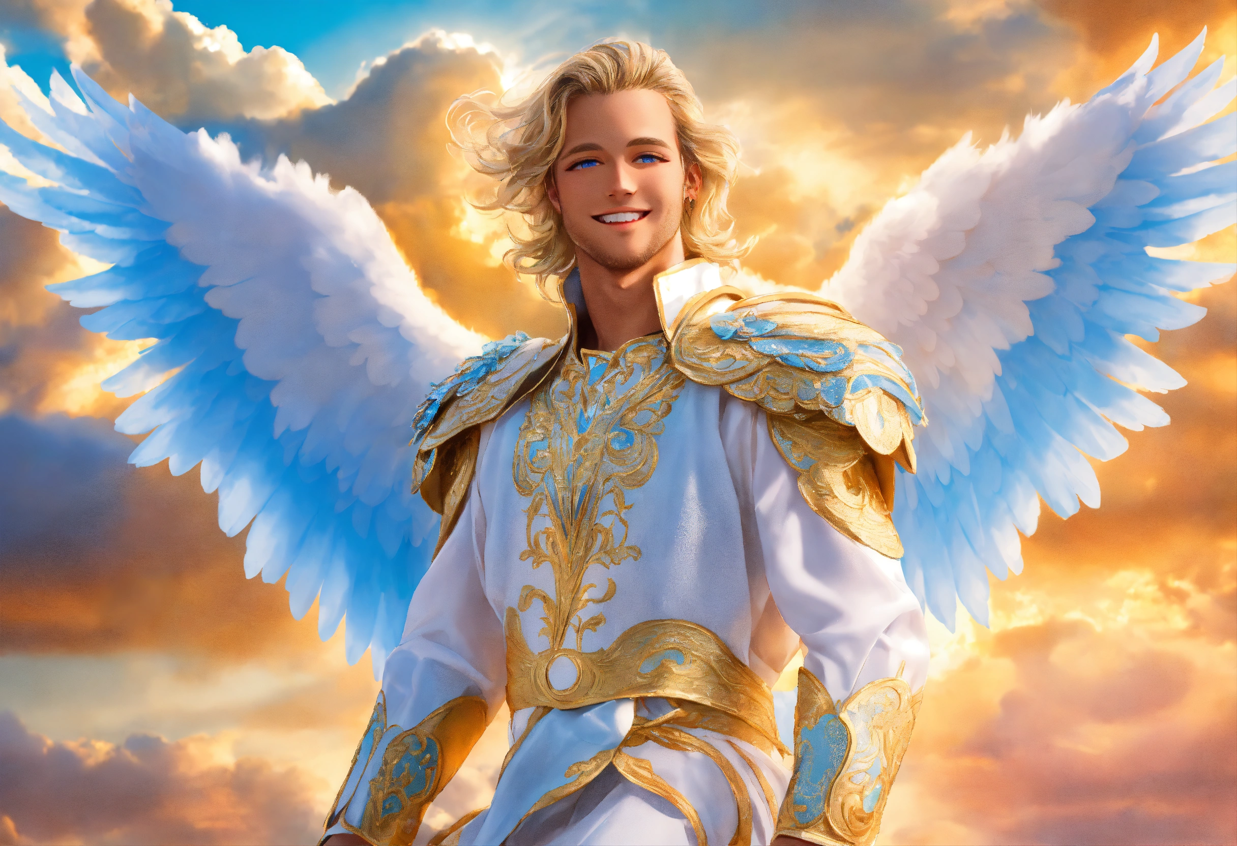 Lexica - Angel man blond blue eyes, large angel wings, fantasy clothes ...
