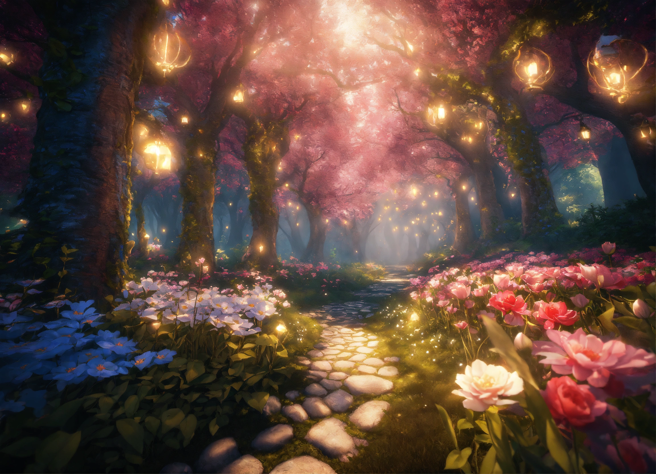 Lexica - A path through enchanted woods with gigantic enchanted flowers ...
