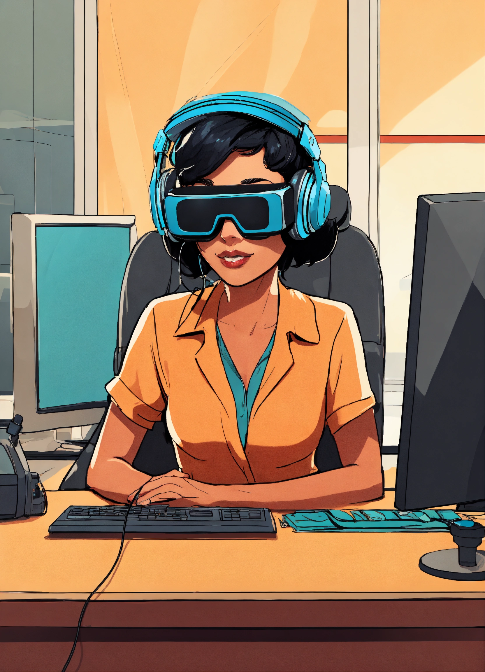 Lexica - A woman with short black hair and VR goggles sitting at a ...