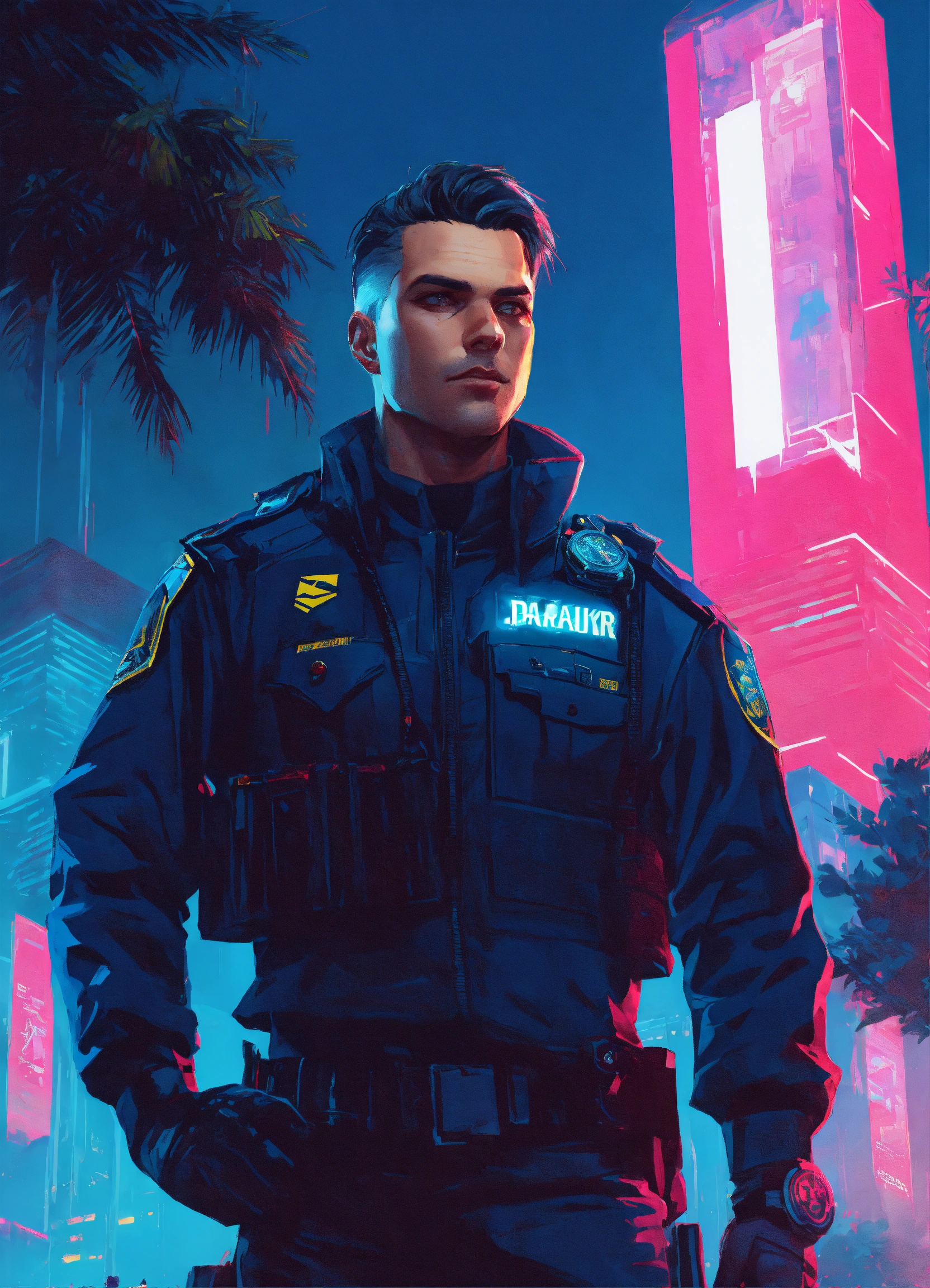 Lexica - Male university cop in dark blue uniform in a park , Cyberpunk ...
