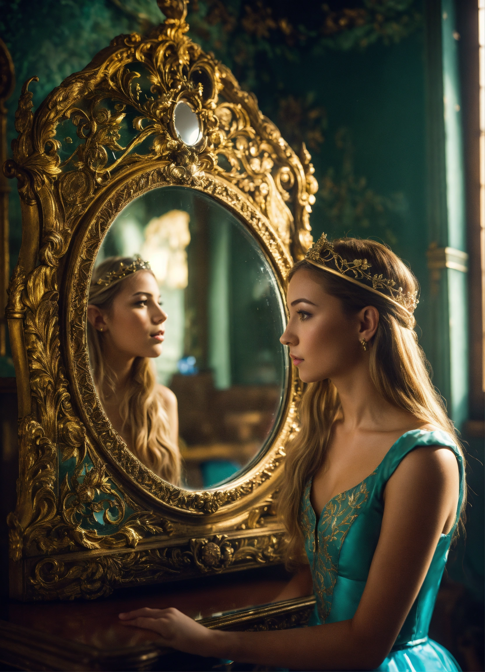 Lexica - Attractive young woman looking into a magical mirror. Her ...