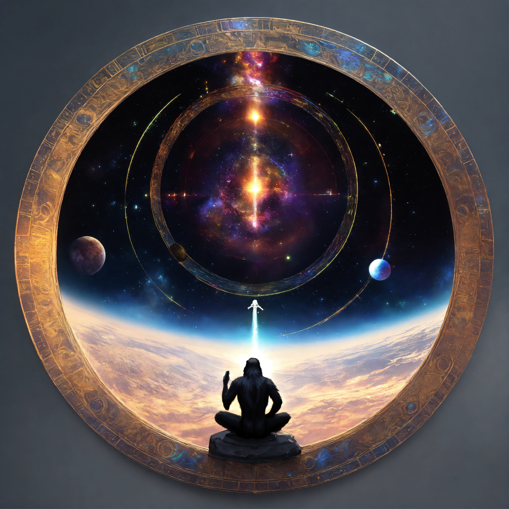 Lexica - Apes praying to a human god in space, in circle image ...
