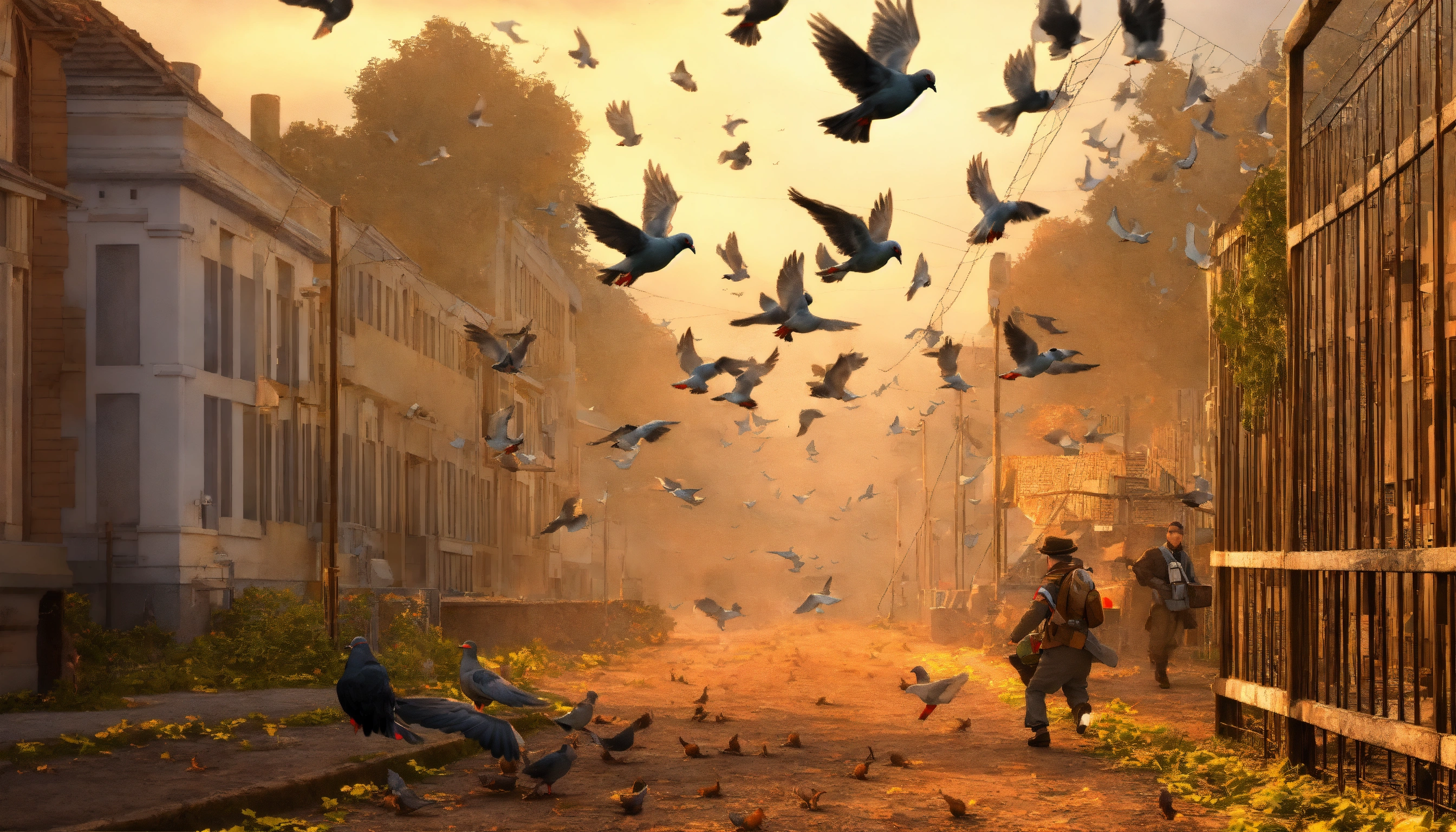 Lexica - Generate an image of pigeons escaping with a hunter's net., 3D ...
