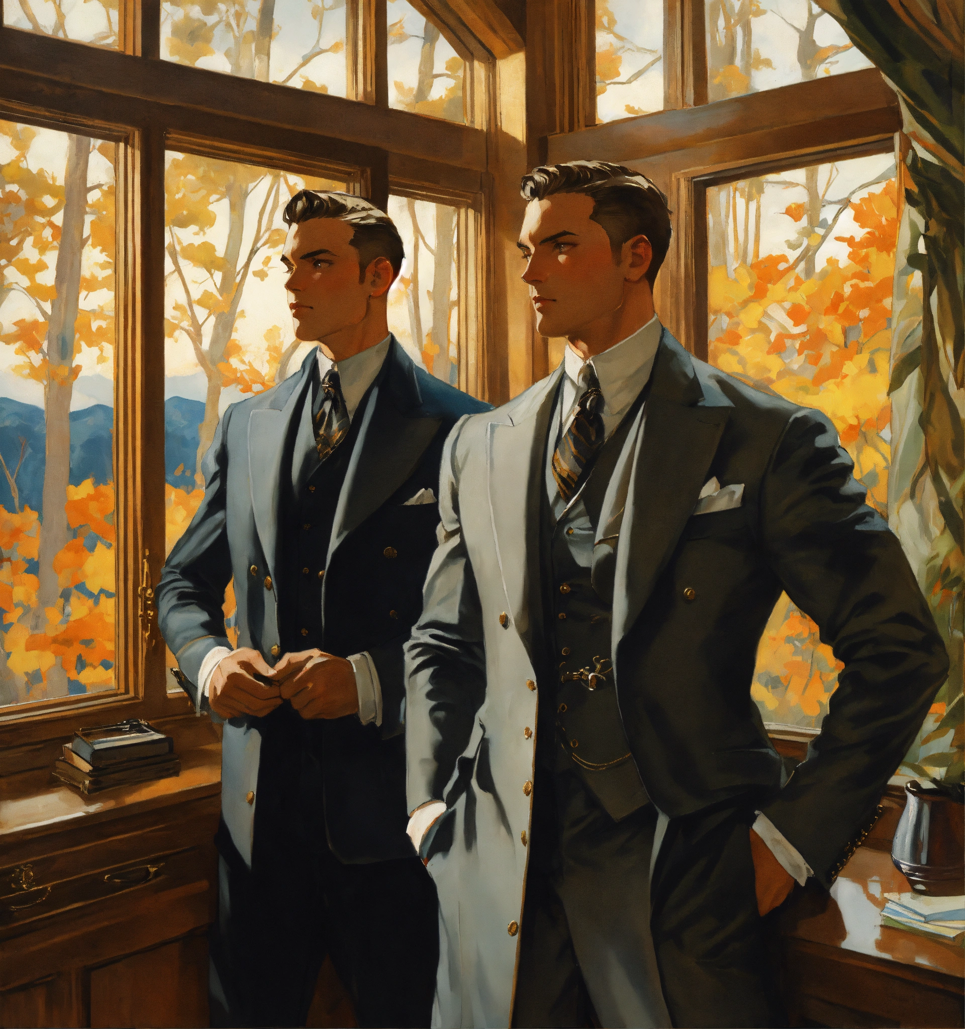 Lexica - Two muscled male spies, dark grey vested suit, looking by a ...