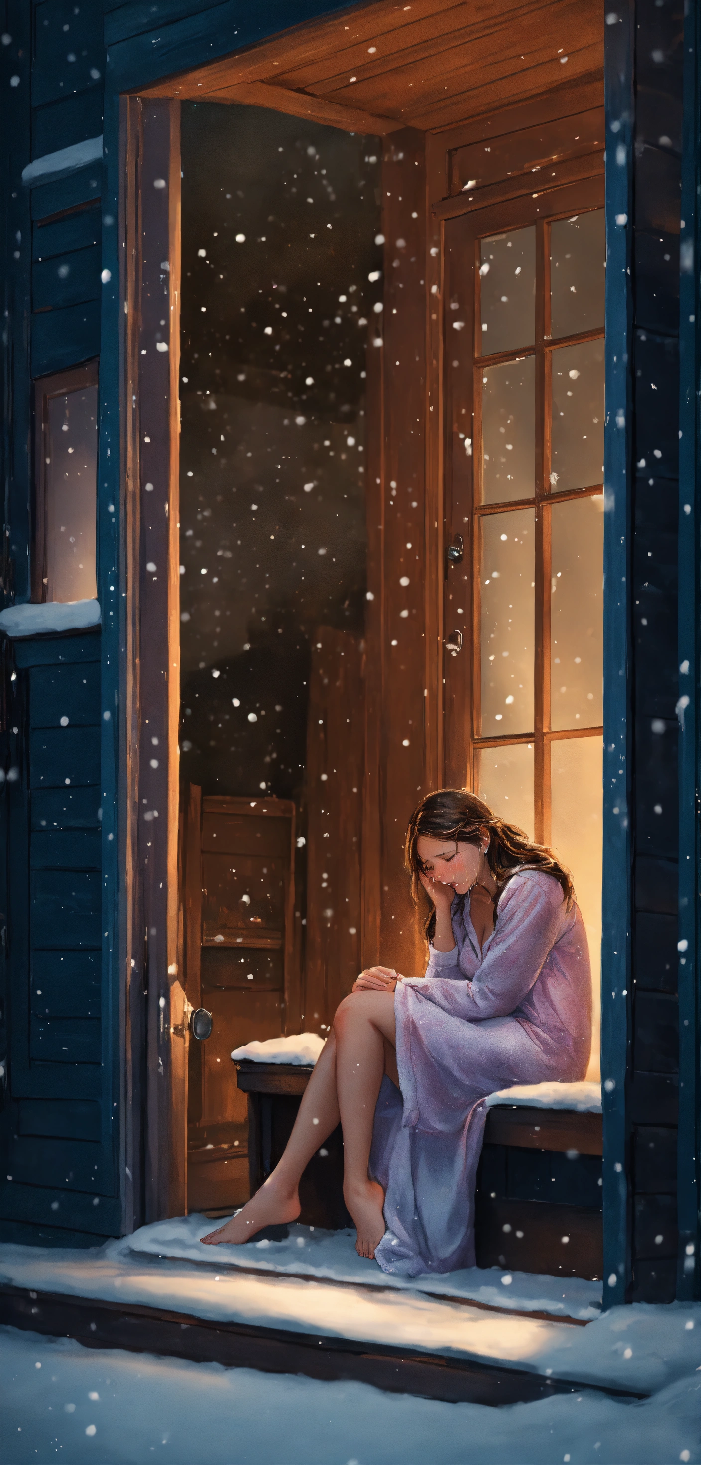 Lexica - A woman is sitting on the doorstep of a house outside in the ...