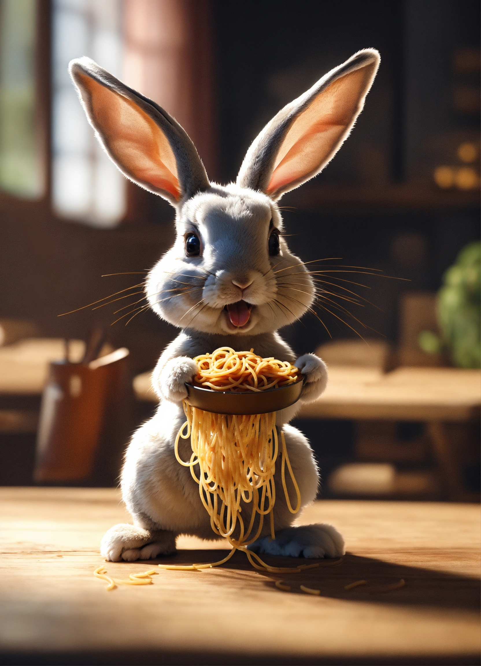Lexica - A rabbit standing on 2 legs, eating spaghetti, unreal engine ...