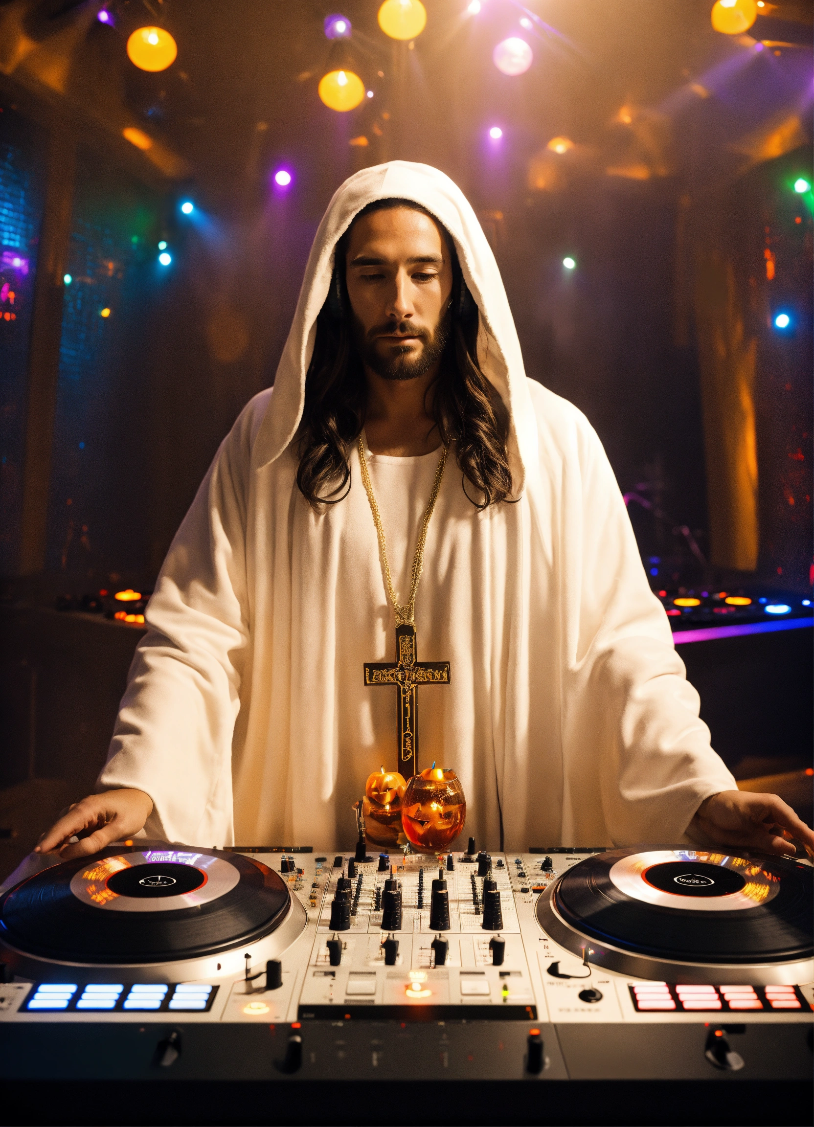Lexica - Jesus christ with white robe celebrating Halloween in a club ...