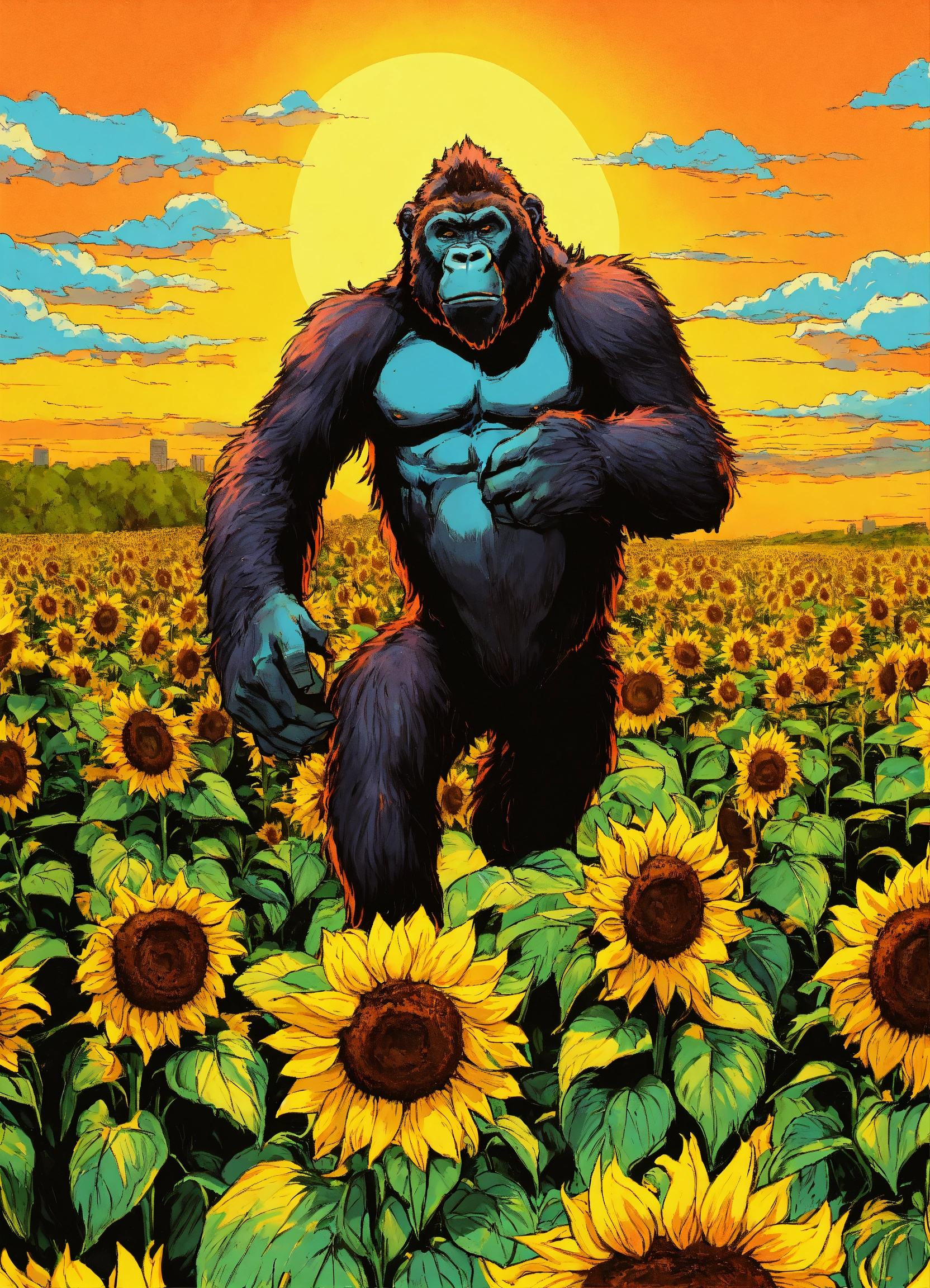 Lexica - An enraged gorilla dive into the sunflower. comics, psychedelic sky