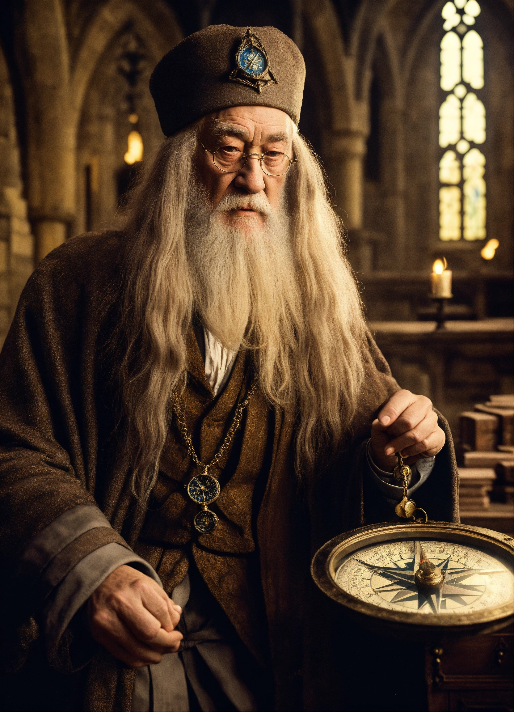 Lexica - Dumbledore with a compass on his hand, in the background ...