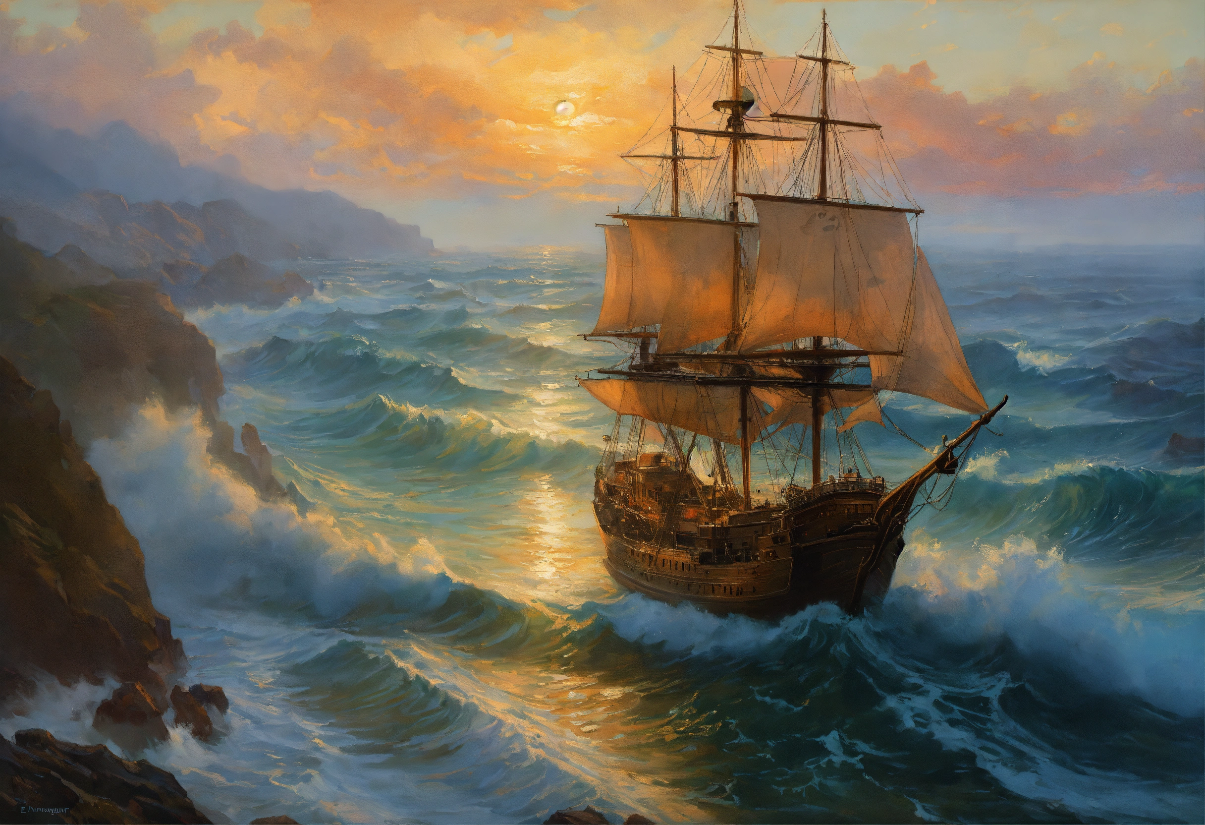 Lexica - Create a painting of a pirate ship on a high waves, Queen Mary ...