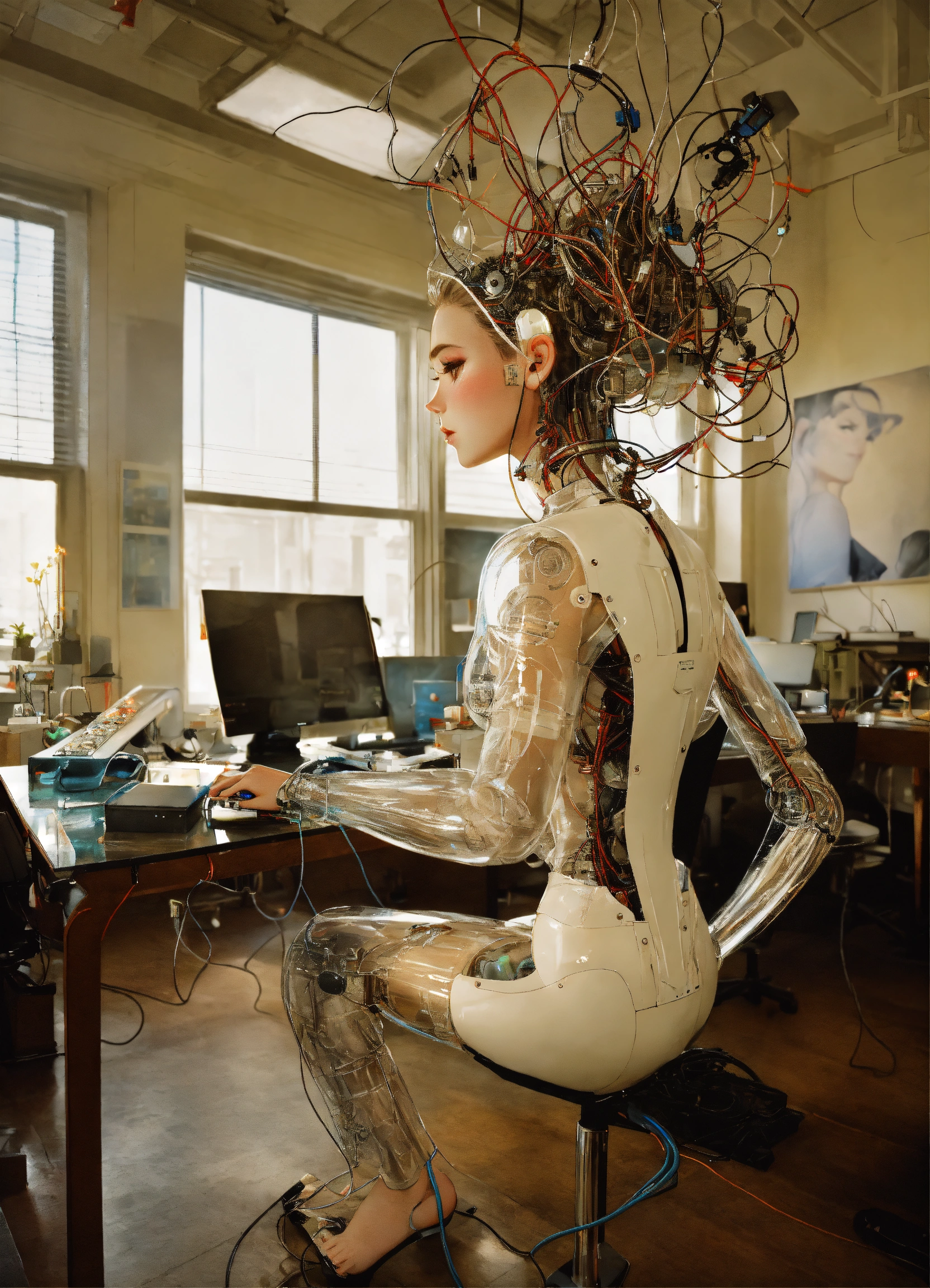 Lexica - Body portrait Photography, in an office full of cables and ...