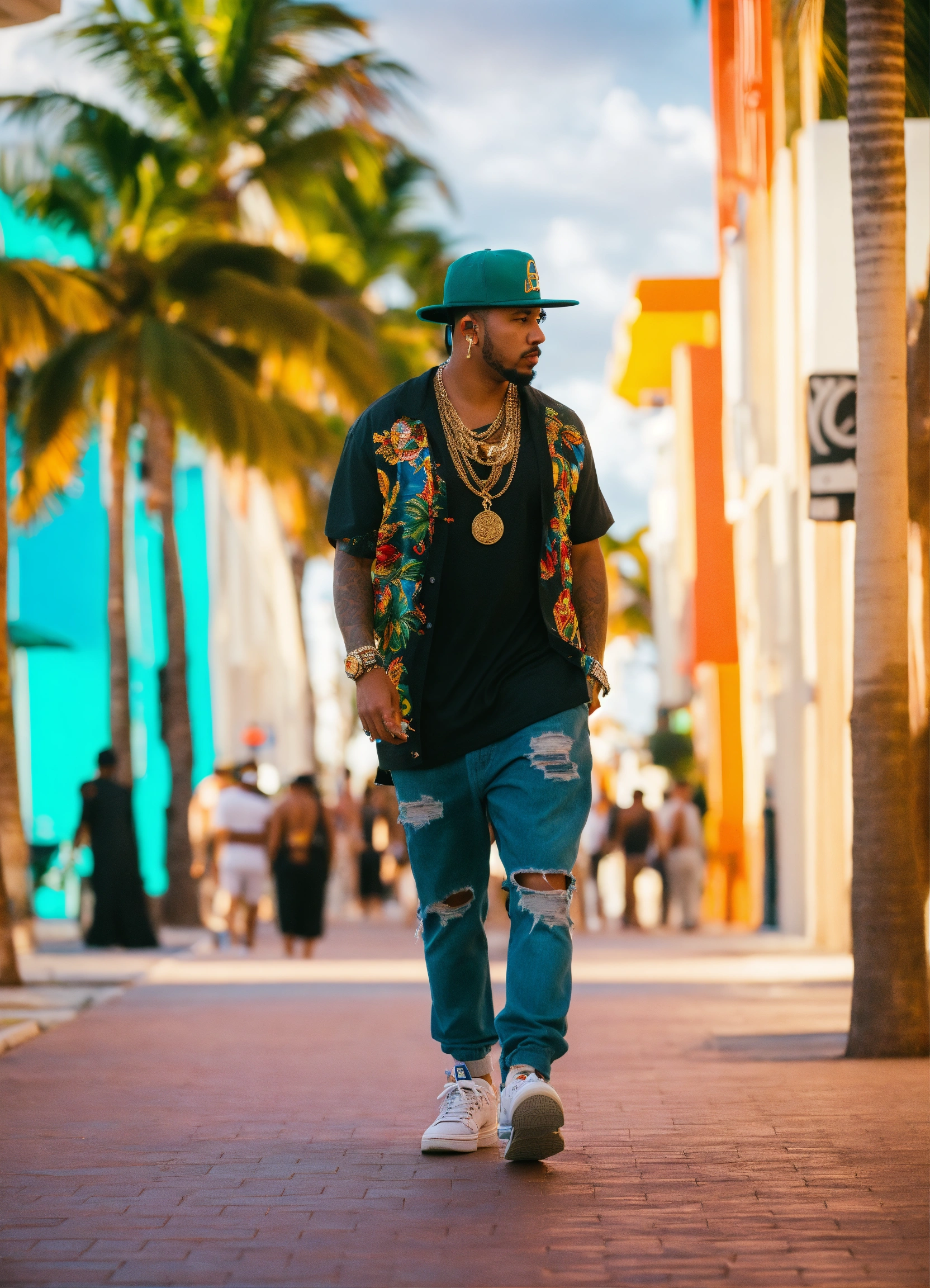 Lexica - Latinos man rapper walking in ocean drive