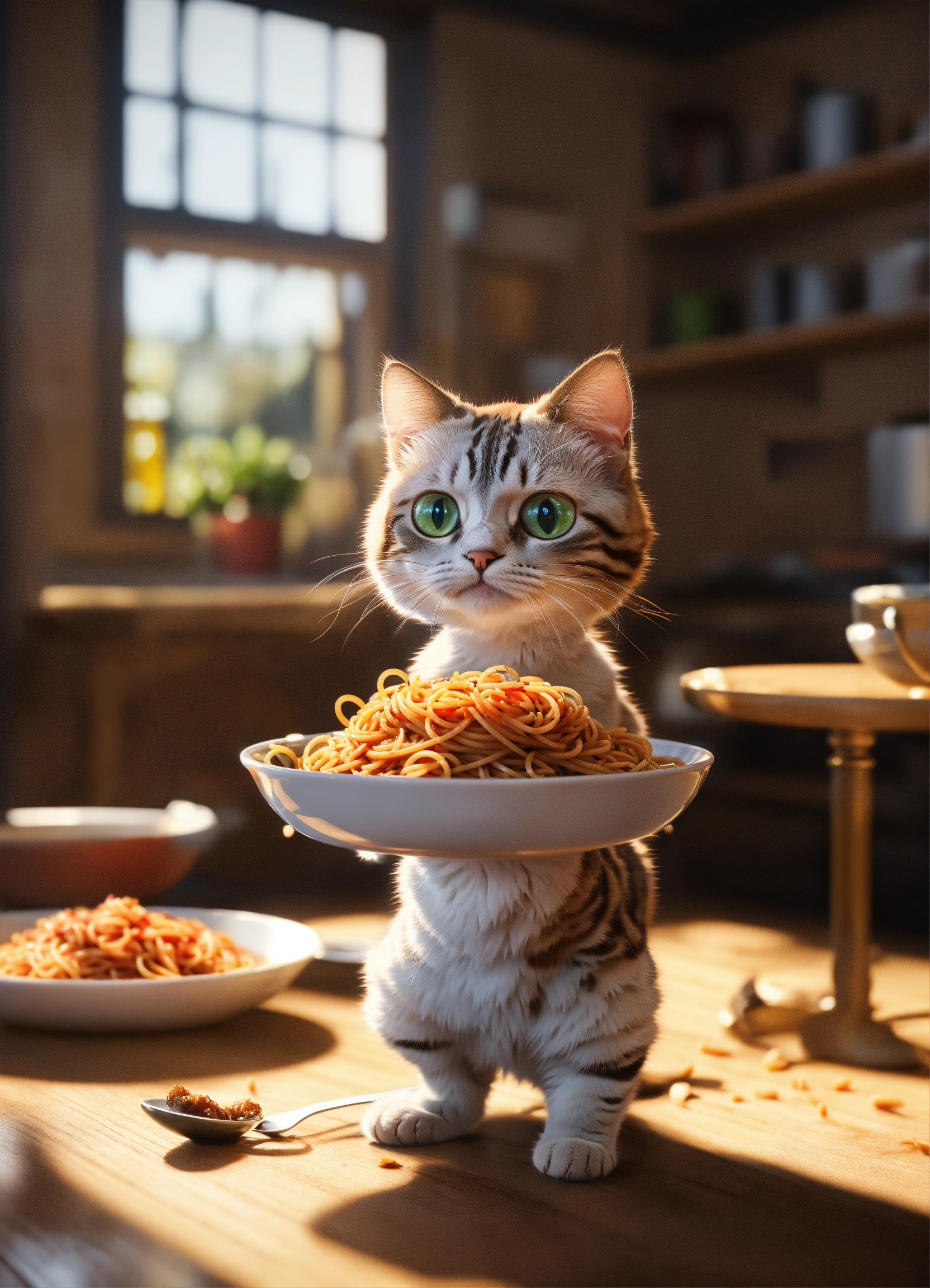 Lexica - A cat standing on 2 legs, eating spaghetti, unreal engine ...
