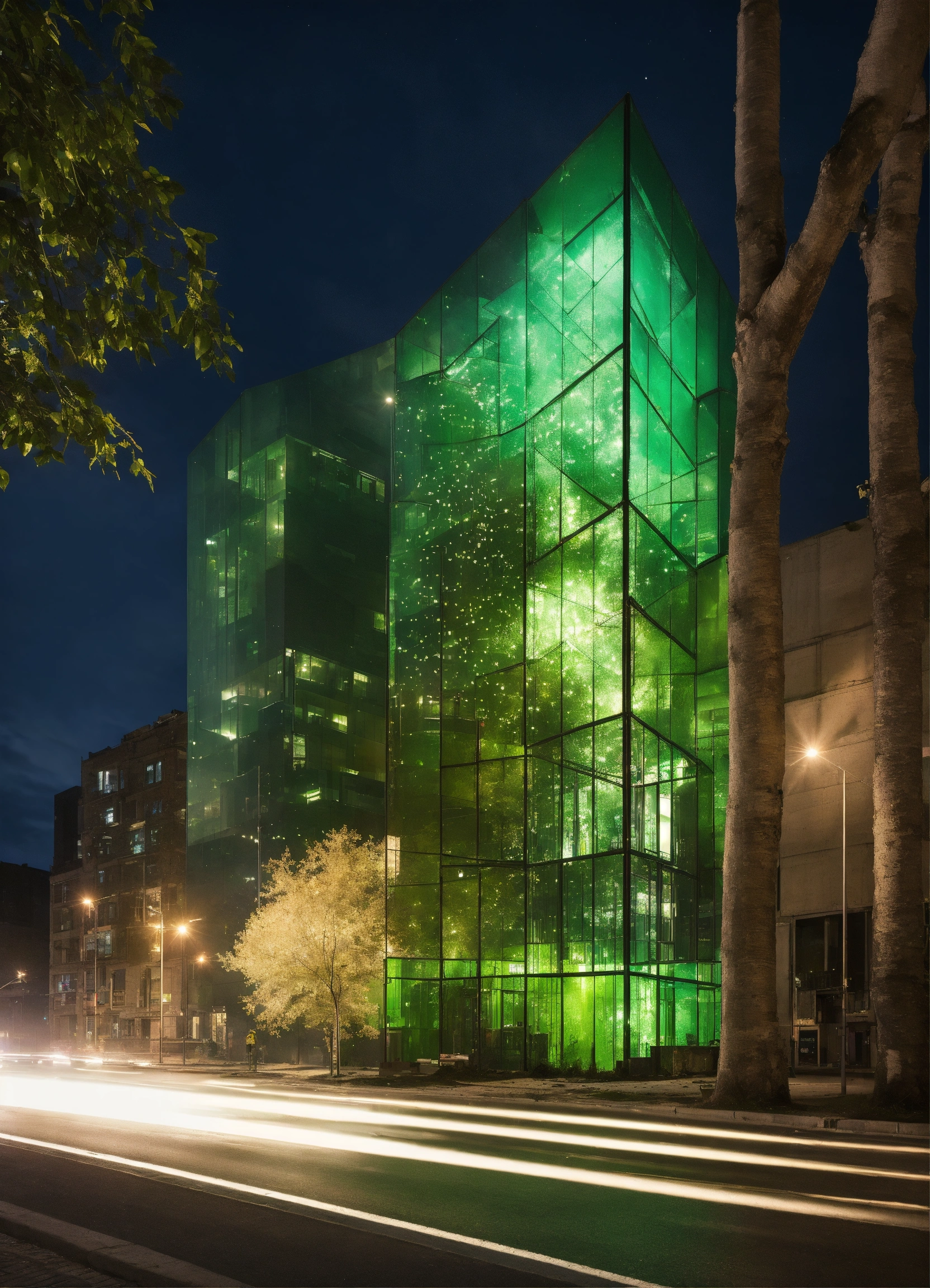 Lexica - Explosion into the night futur street with glass building ...