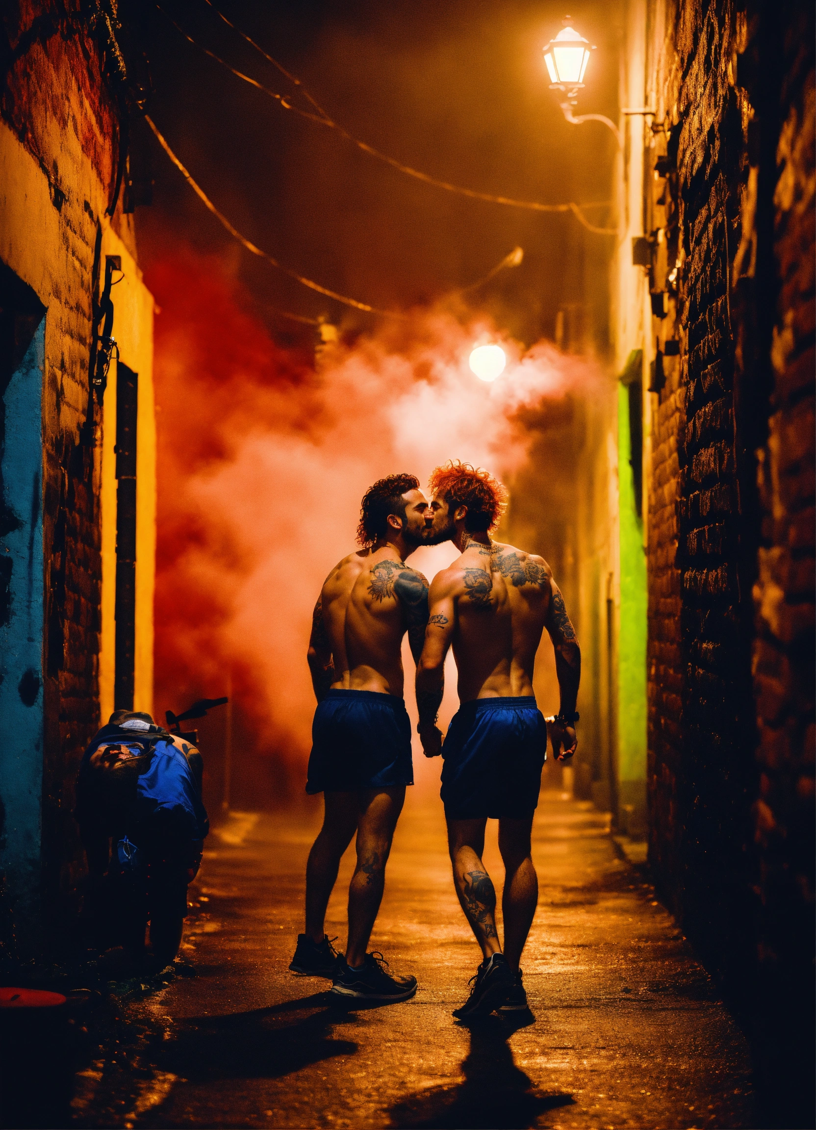 Lexica - Two male long distance runners are kissing in a dark alley ...